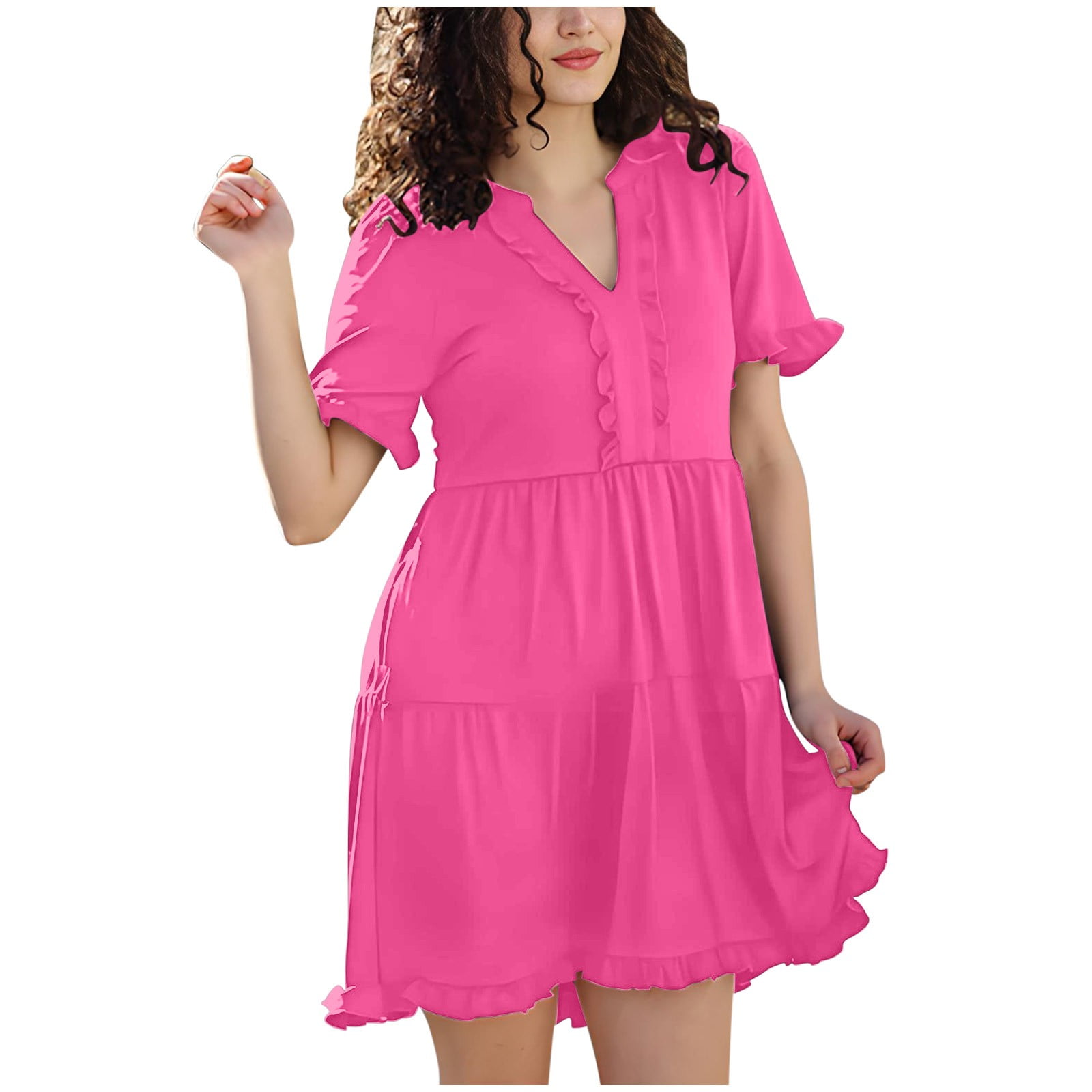 bnaln Womens Summer Dresses Fashion V Neck Short Sleeve Cute Babydoll ...
