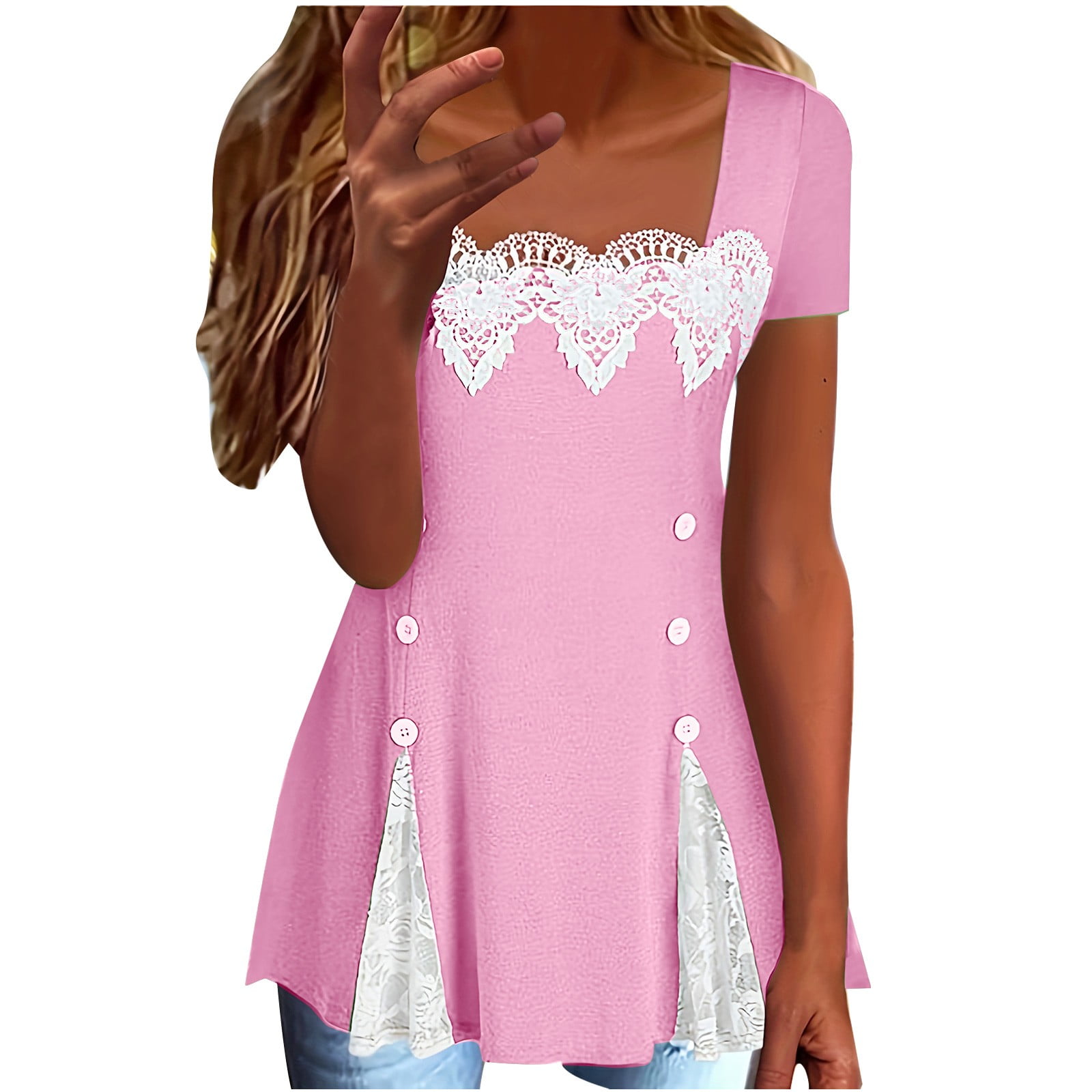 bnaln Womens Summer Tops Lace Splicing Square Neck Short Sleeve T ...