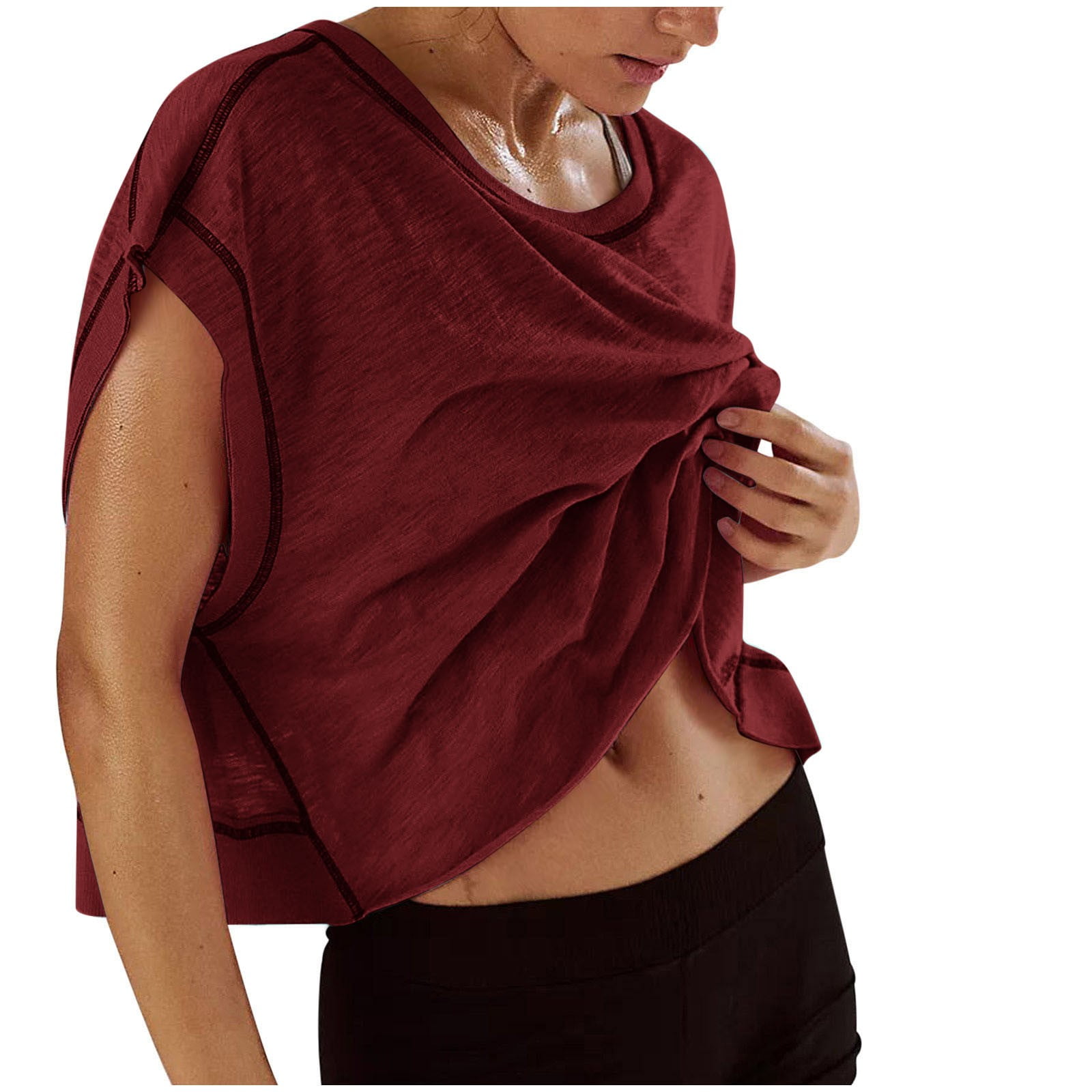 bnaln Womens Tops Open Back Workout Shirts Crewneck Backless Short ...