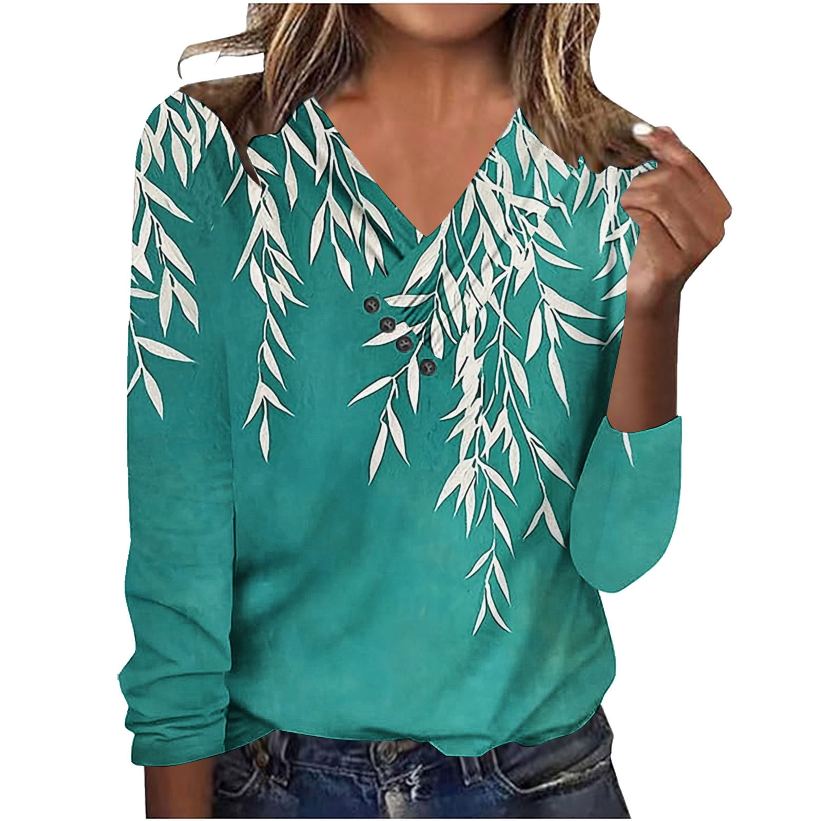 bnaln Womens Tops V Neck Long Sleeve Jumpers Trendy Boho Floral Print ...