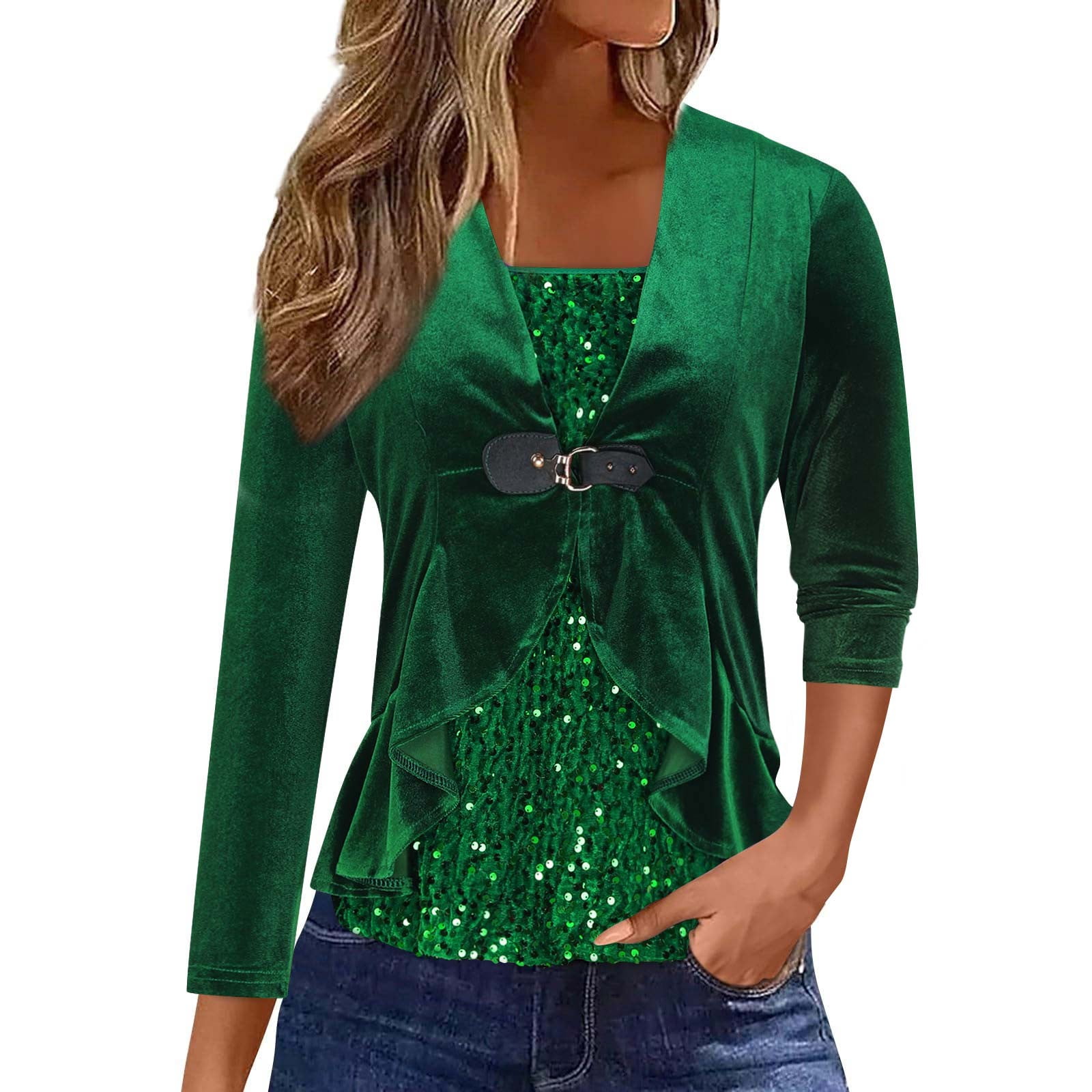 bnaln Womens Velvet Tops Sequin Splicing Long Sleeve Shirts Ruffle Hem ...