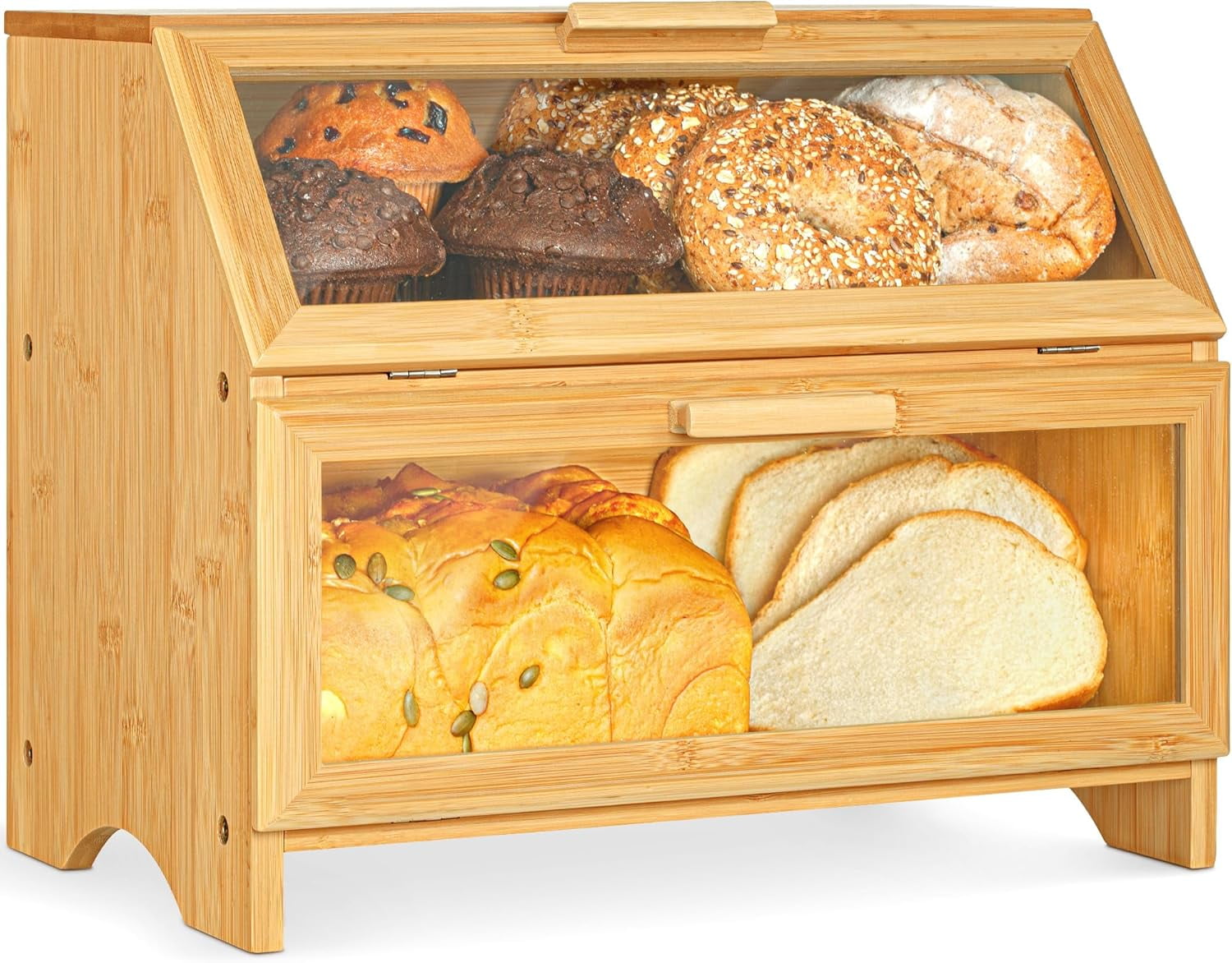 bnmkftl Double Layer Bamboo Bread Box for Kitchen Countertop, Large ...