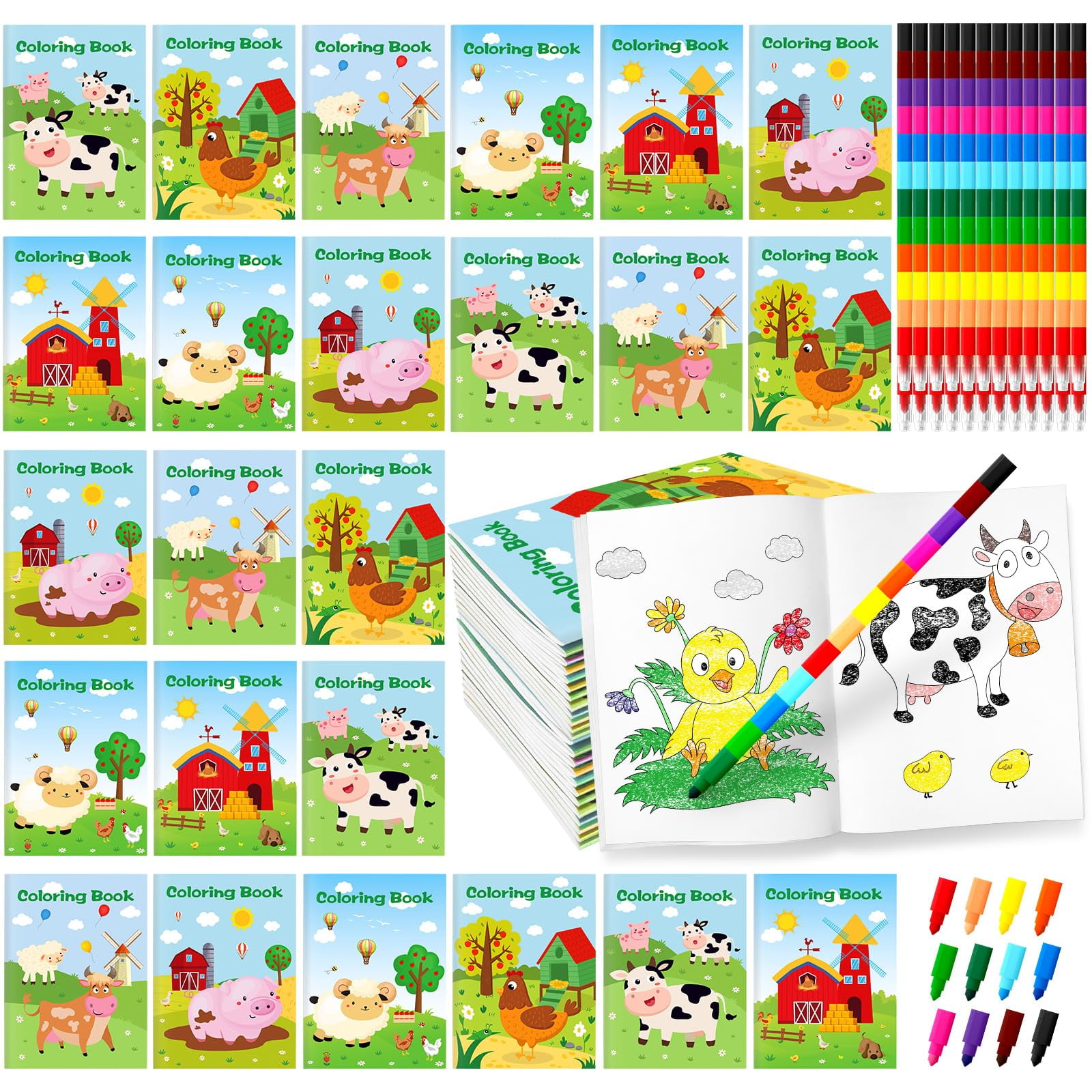 bobosufit 24 Pcs Coloring Book for BSL1 Kids Bulk with 24 Crayons Farm ...