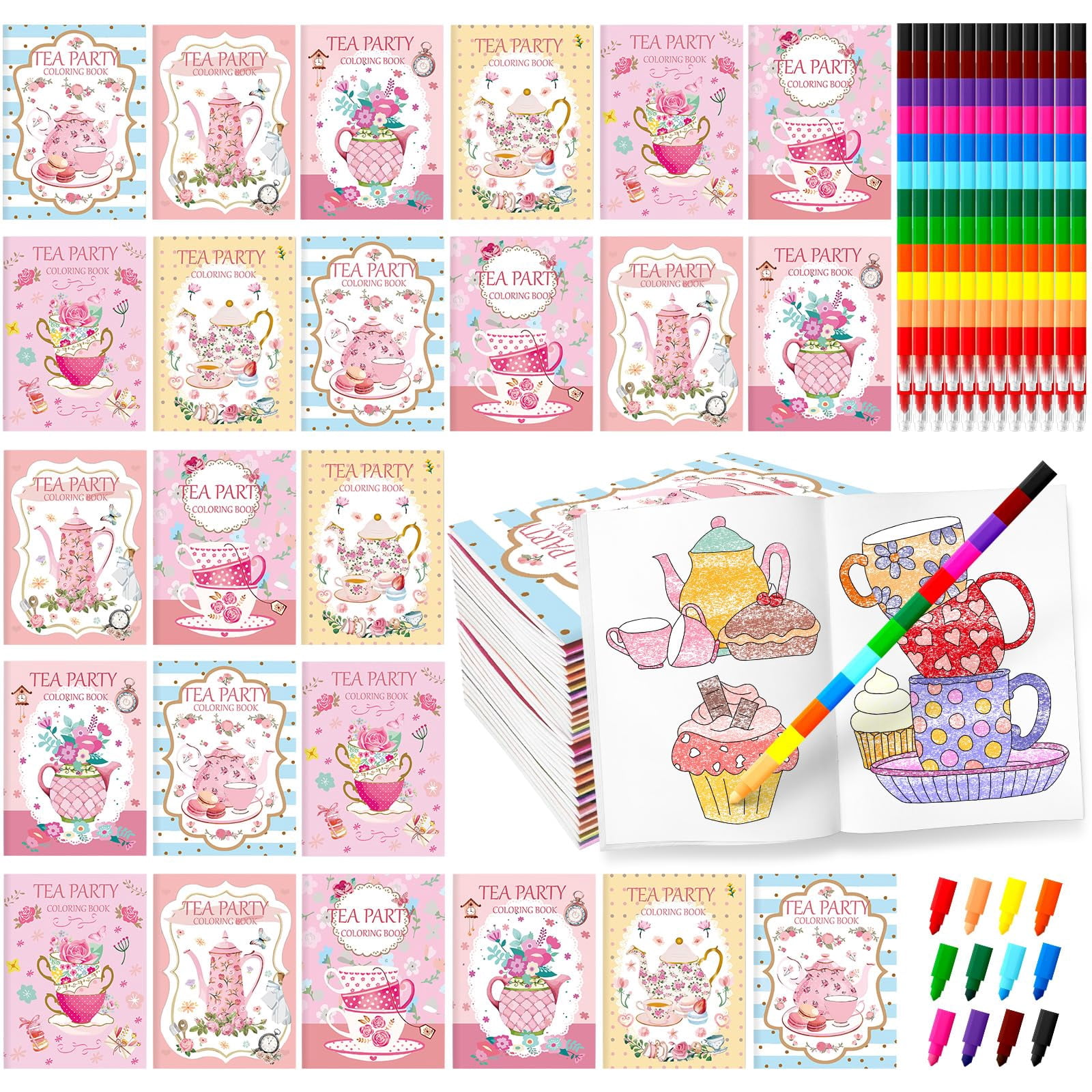 bobosufit 24 Pcs Coloring Book for Kids Bulk with 24 Crayons Tea Party ...