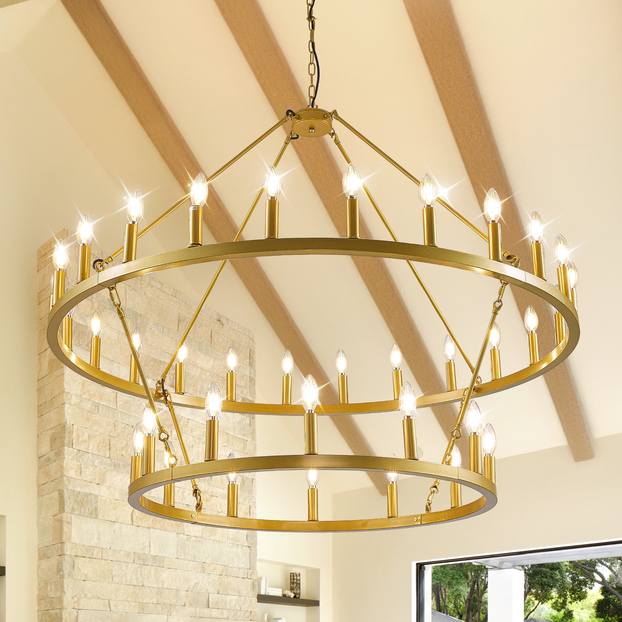bokifol Gold Wagon Wheel Chandelier,2 Tier 48" 36-Light,Extra Large ...