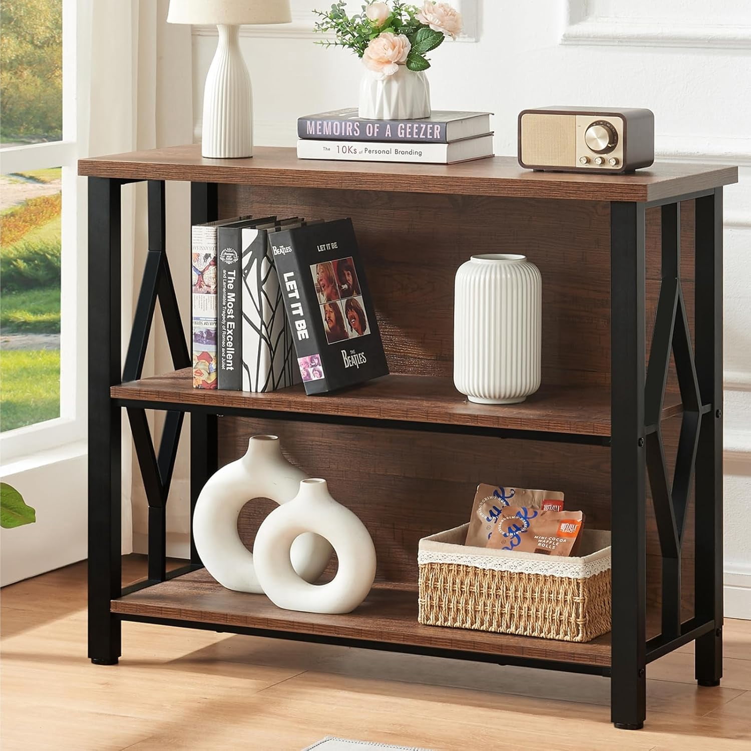 Bookshelf 3-Tier Rustic Short Bookshelf Industrial Shelf Bookcase with ...