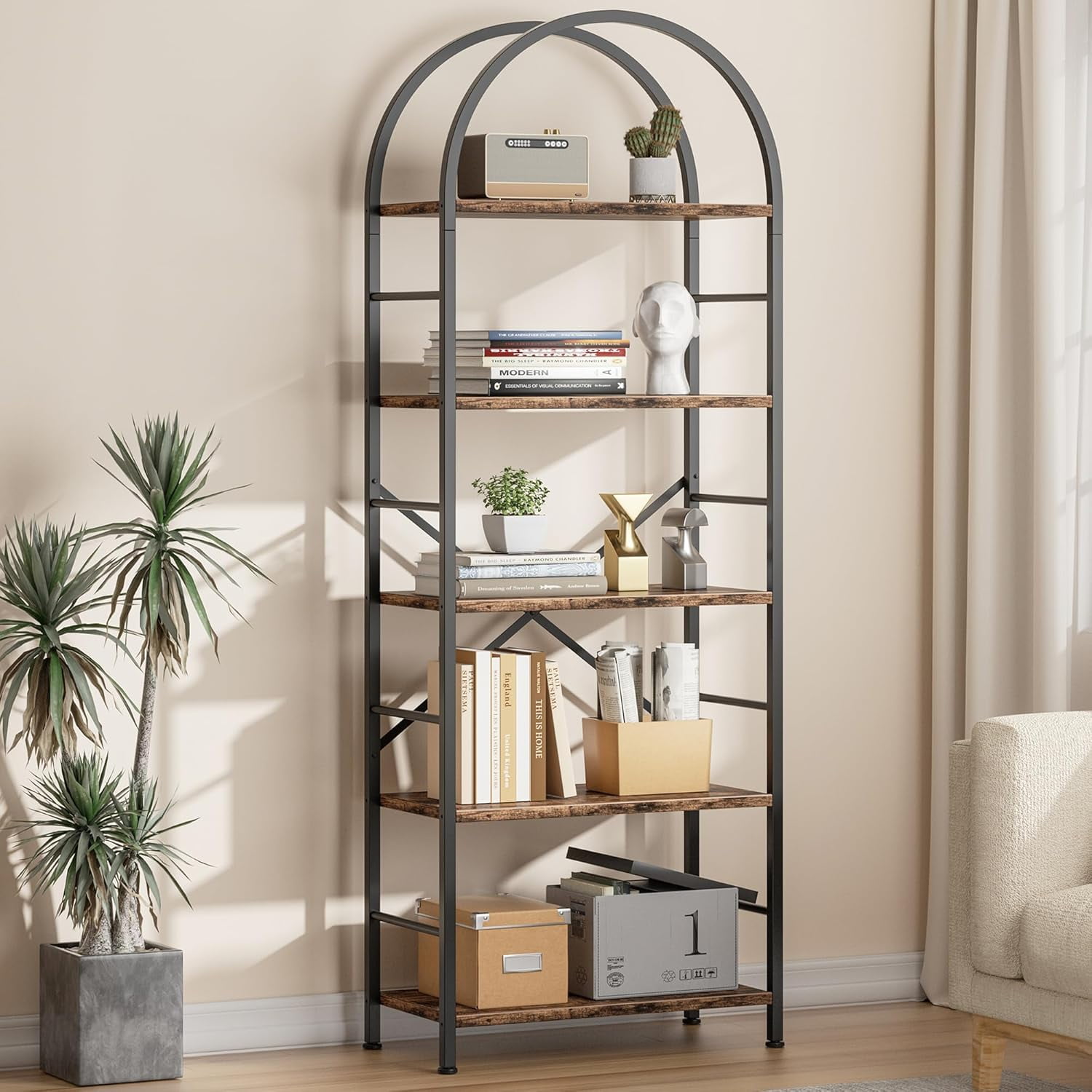 Bookshelf, Arched Bookshelf 5 Tier Bookcase, Tall Shelf for CDs/Books ...
