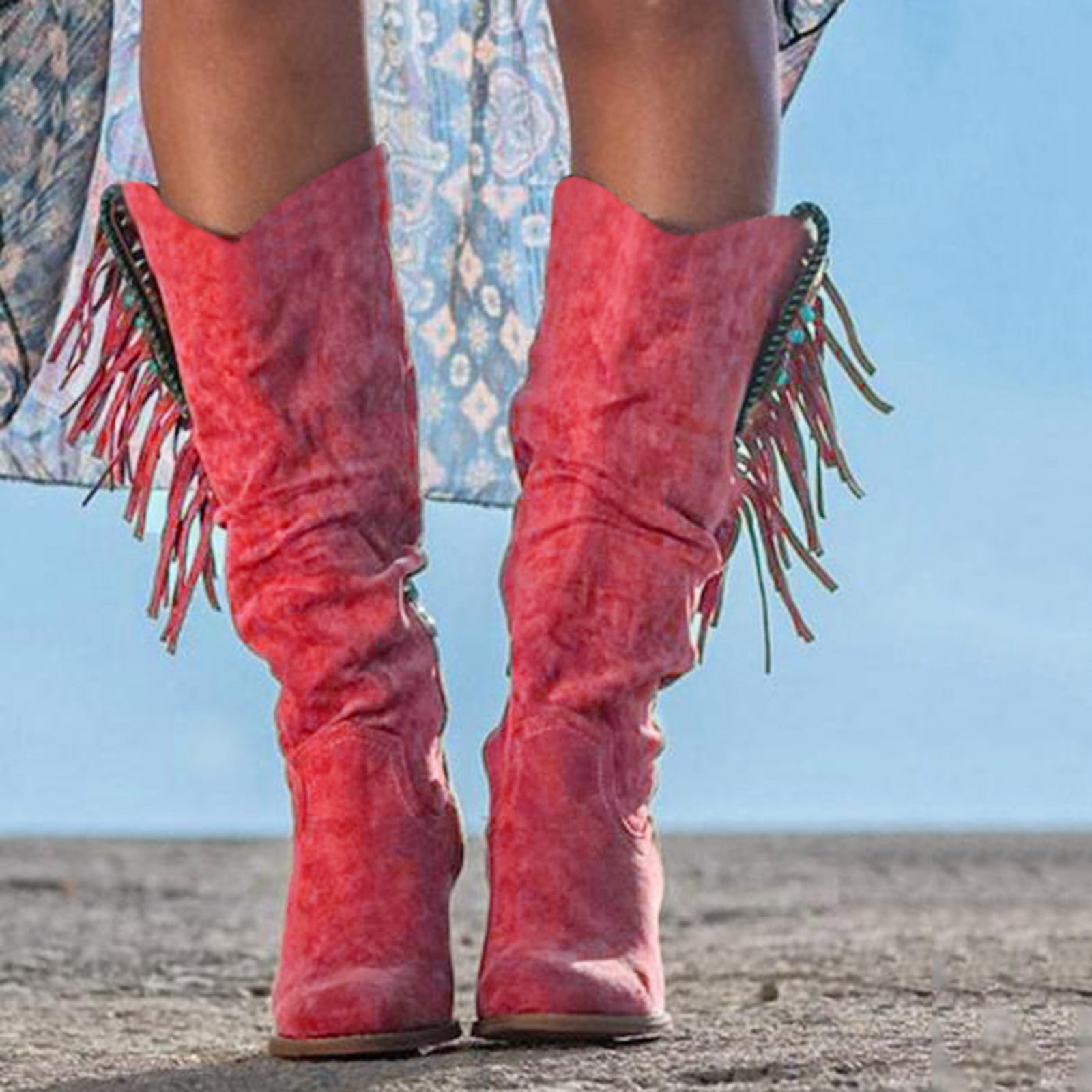 Botas Para Mujer Womens Retro Tassel Boots Chunky High Heel Boots
