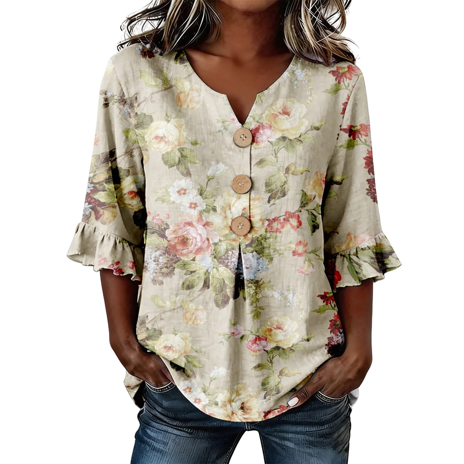 bovemsi Short Sleeve Tops for Women V Neck 3/4 Sleeve Button Decor ...