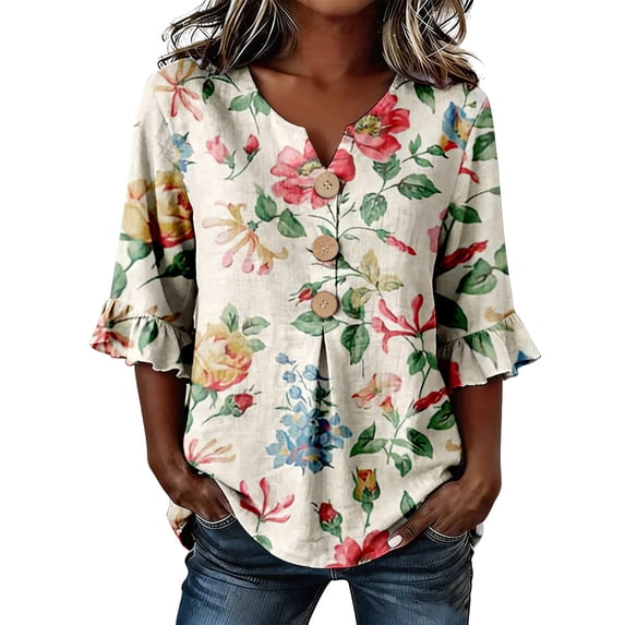 bovemsi Summer Tops for Women V Neck 3/4 Sleeve Button Decor Loose Fit ...