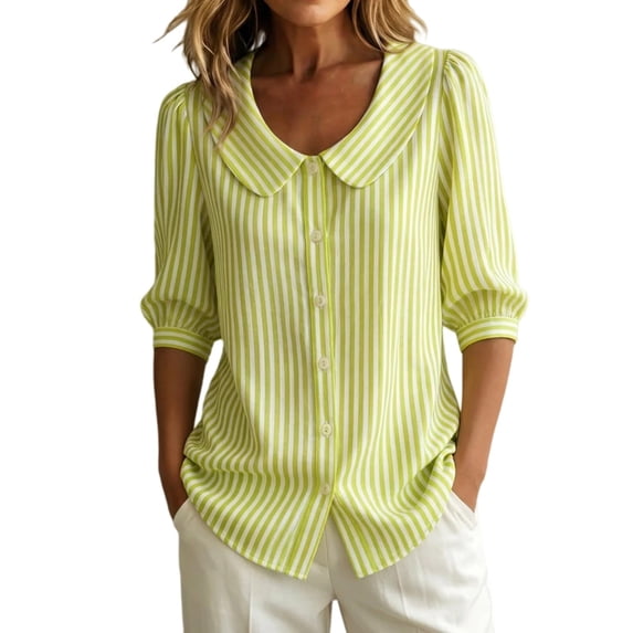bovemsi Tops for Women Trendy Doll Collar Striped Mid Sleeve Casual T ...