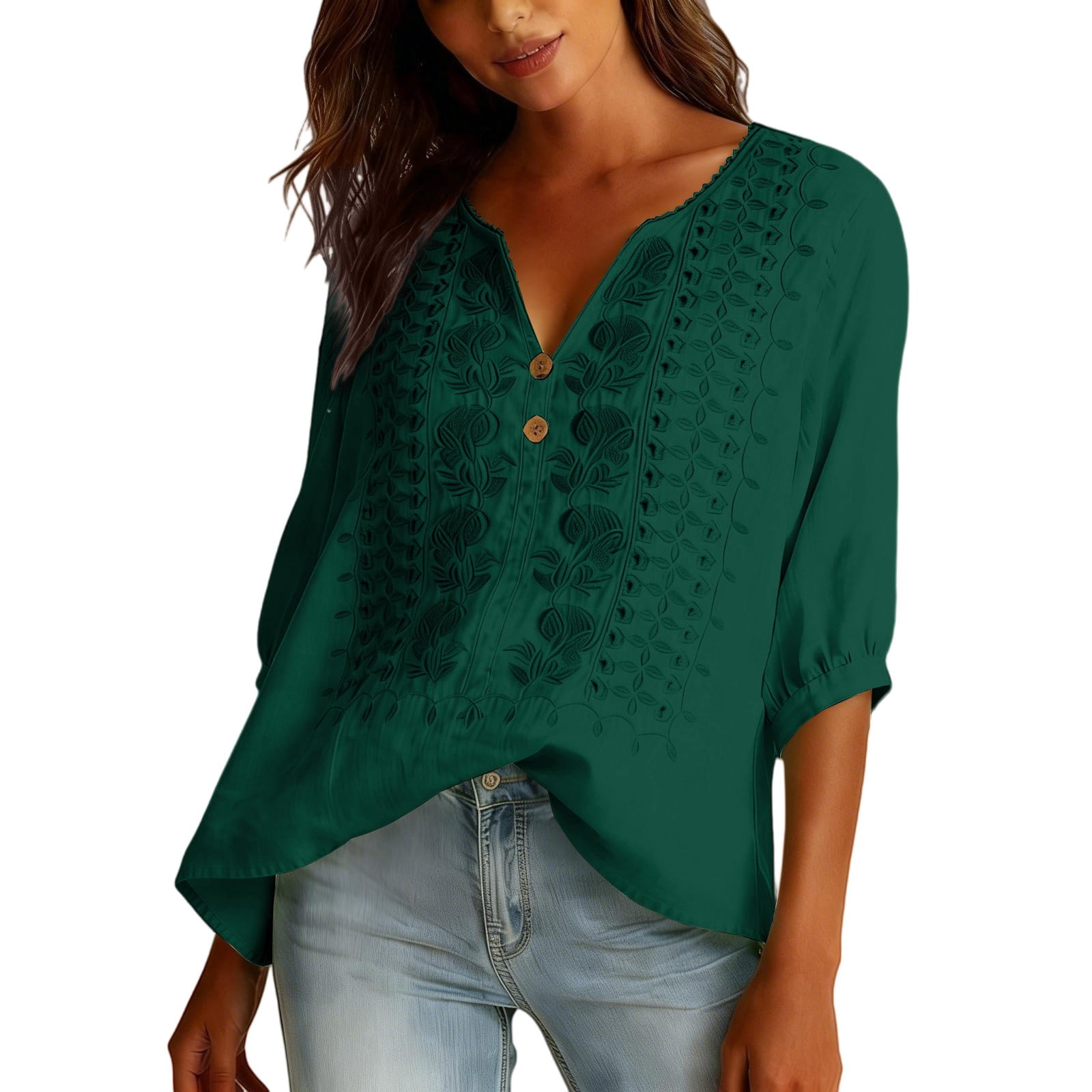 bovemsi Workout Tops for Women Solid Color Pleated 3/4 Sleeve Cotton ...