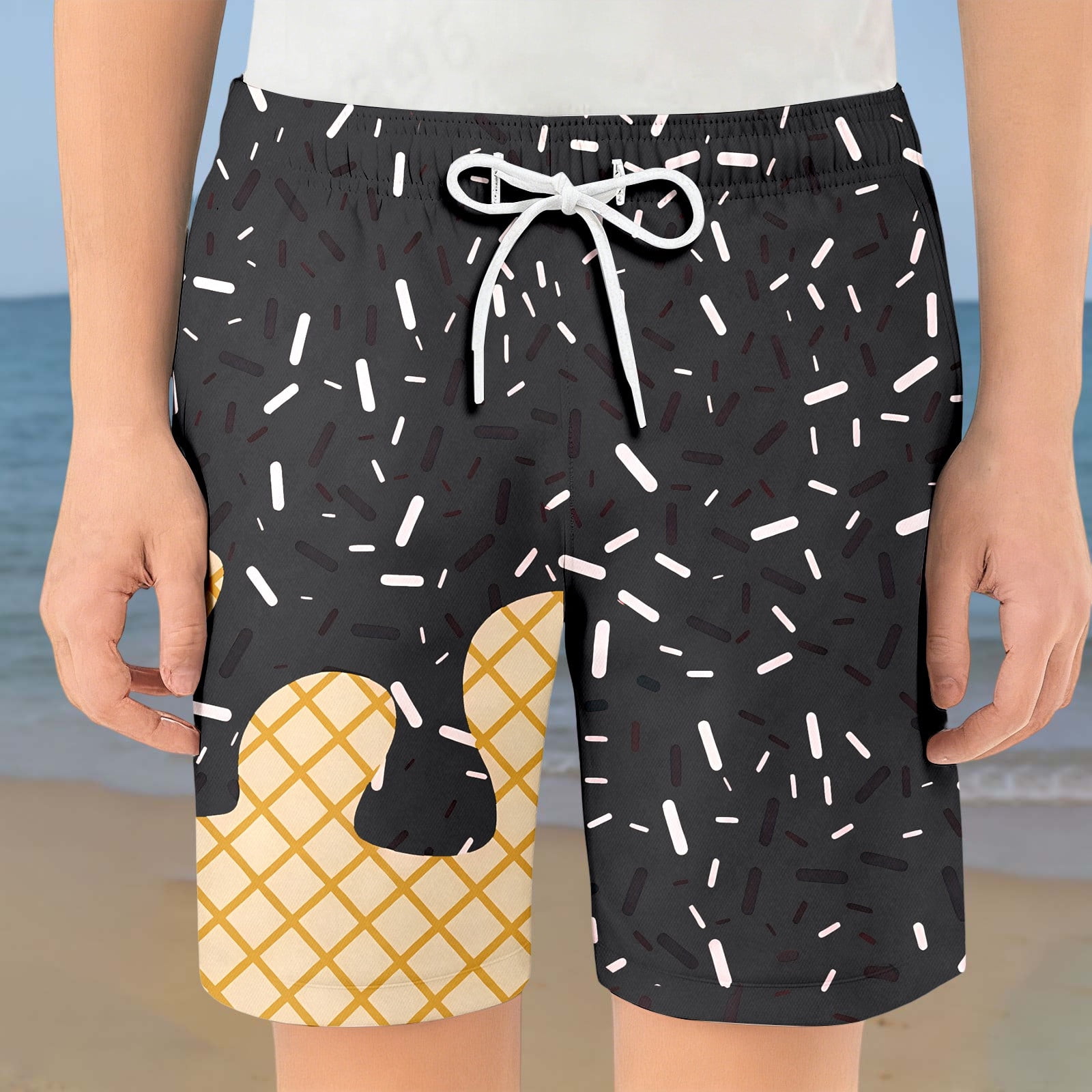 boy shorts Ice Cream Print Drawstring Quick Dry Swim Shorts for Beach ...