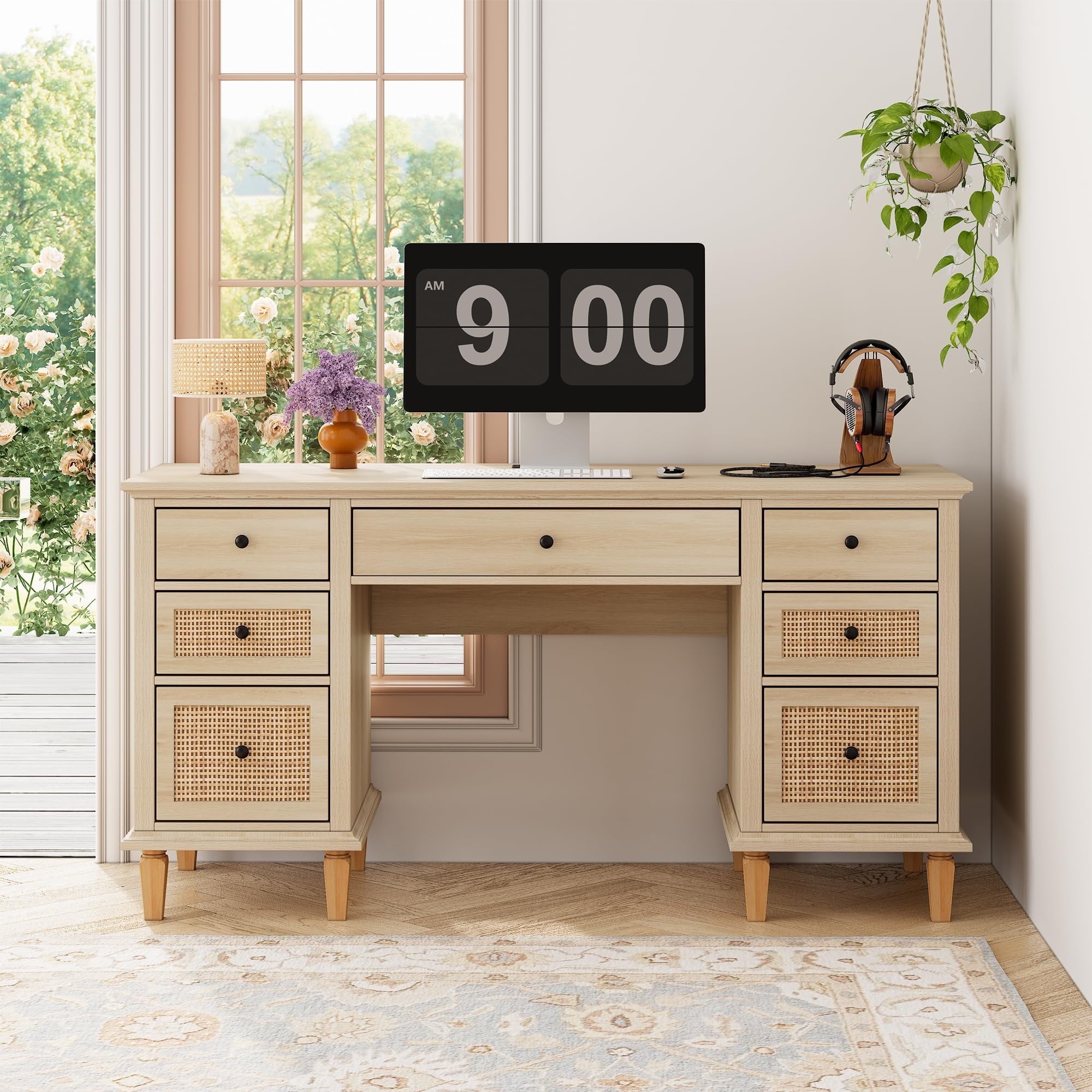 brafabhome 58"Wood Executive Desk with 7 Storage Drawers Modern Natural ...