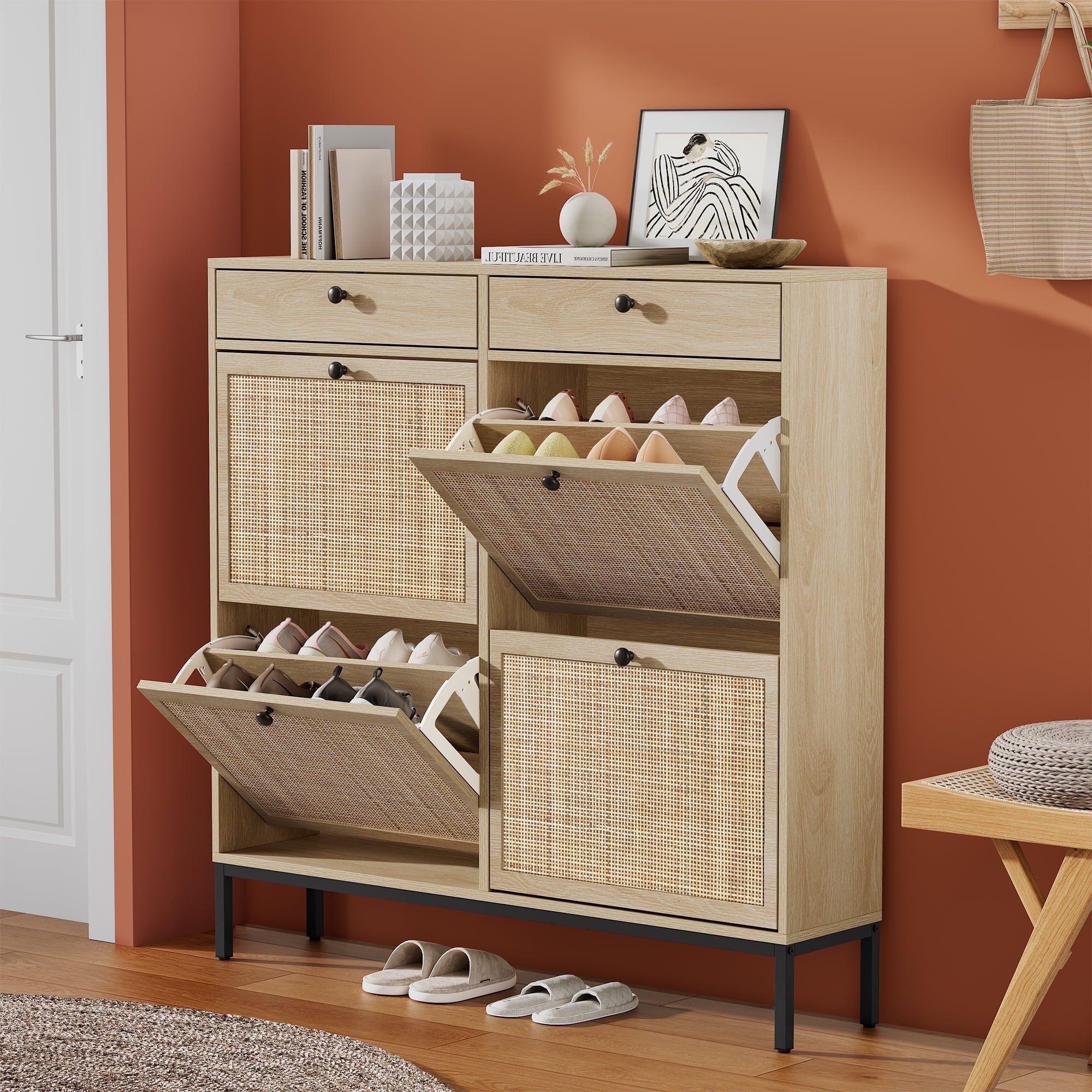 Brafabhome Entryway Rattan Shoe Storage Cabinets with 4 Flip Doors ...