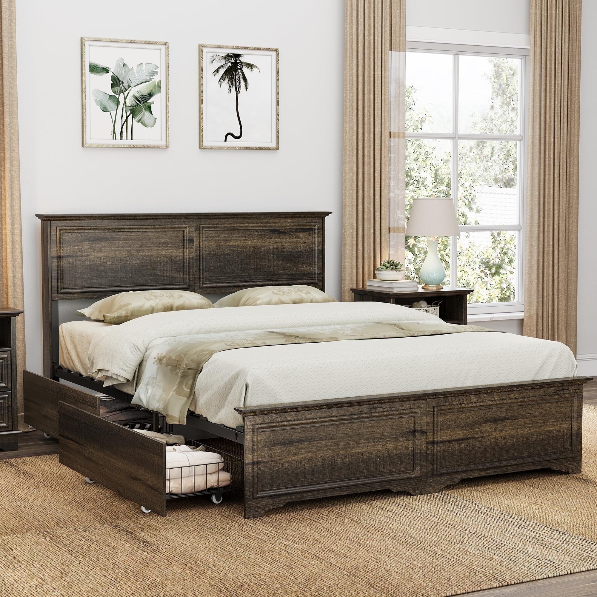 Brafabhome Queen Bed Frames with 4 Storage Drawers, Mid-Century Rustic ...