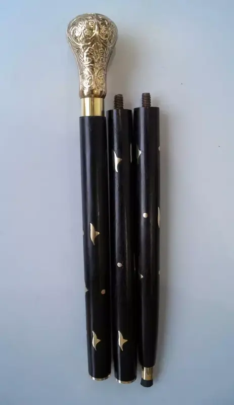 brass Victorian knob rounder gold handle black wooden walking stick ...