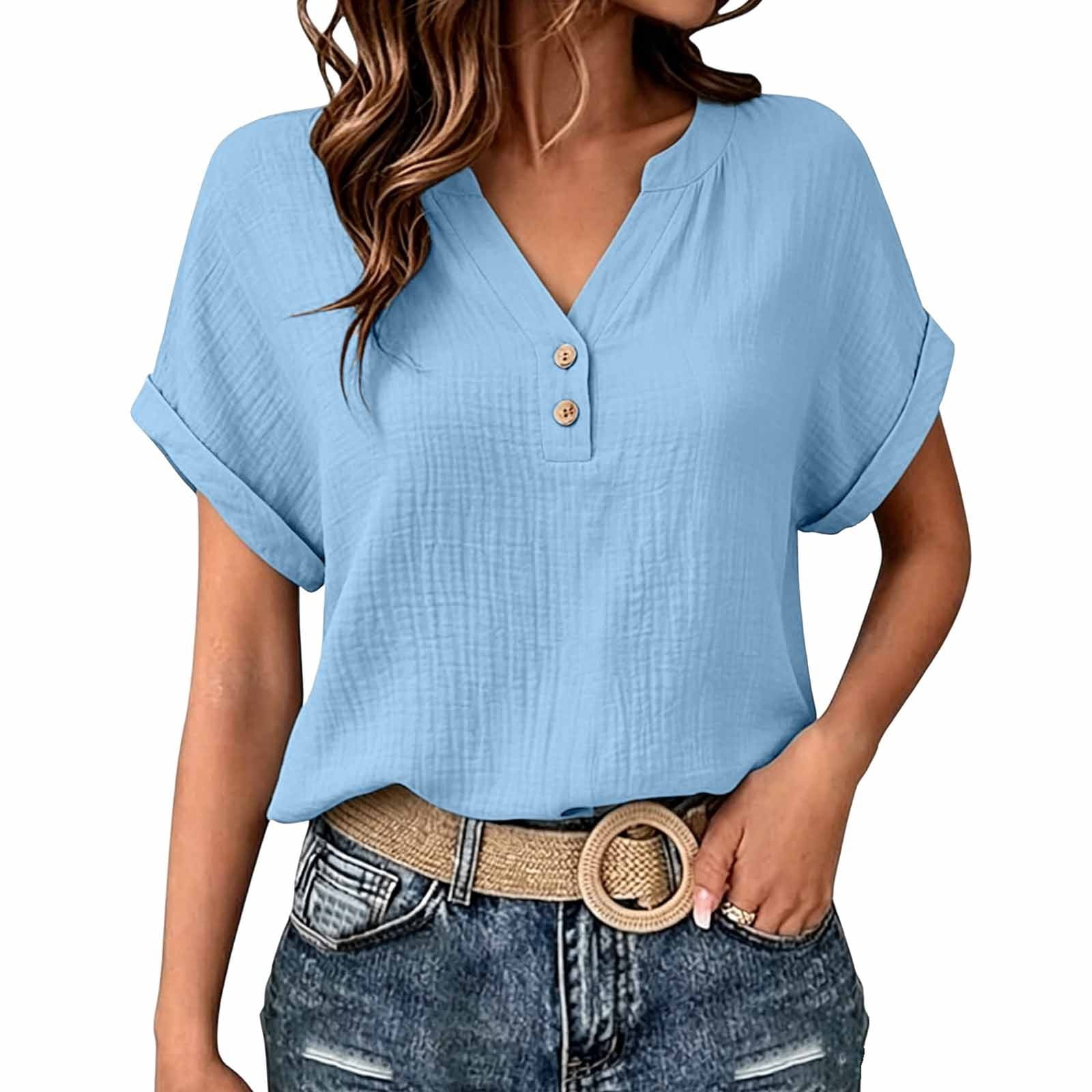 bravefron Linen Shirt Women Short Sleeve Plus Size Rolled Sleeve Button ...