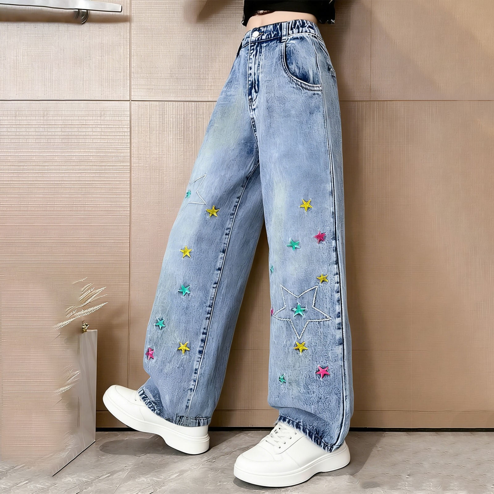 breaise Baggy Jeans for Girls Star Embroidery High Waist Pants Trendy ...