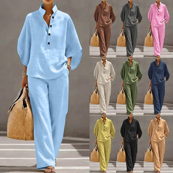 breaise Cotton Linen Sets for Women 2 Piece Batwing Sleeve V Neck ...