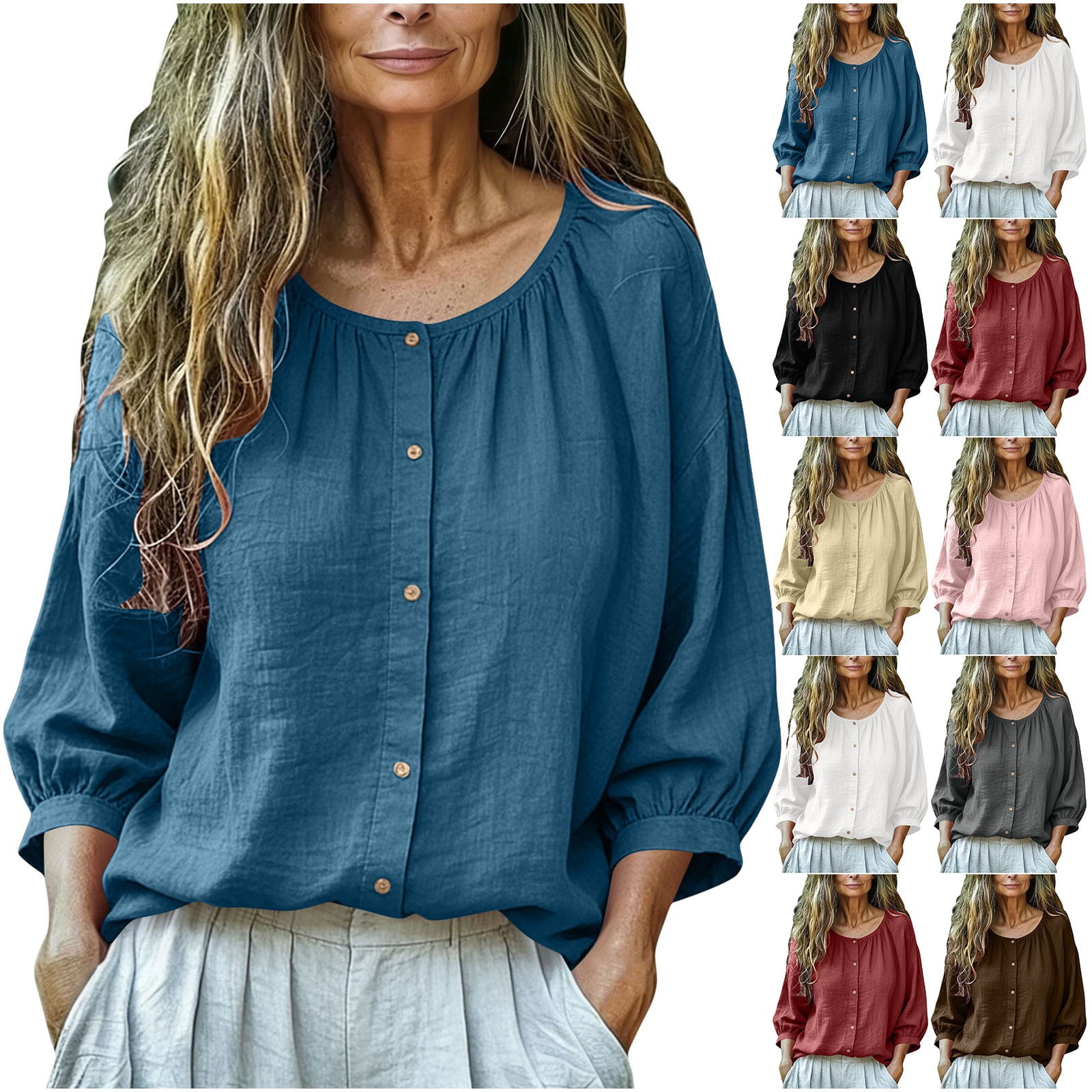 breaise Cotton Linen Shirts for Women Button Down Shirt Round Neck 3/4 ...
