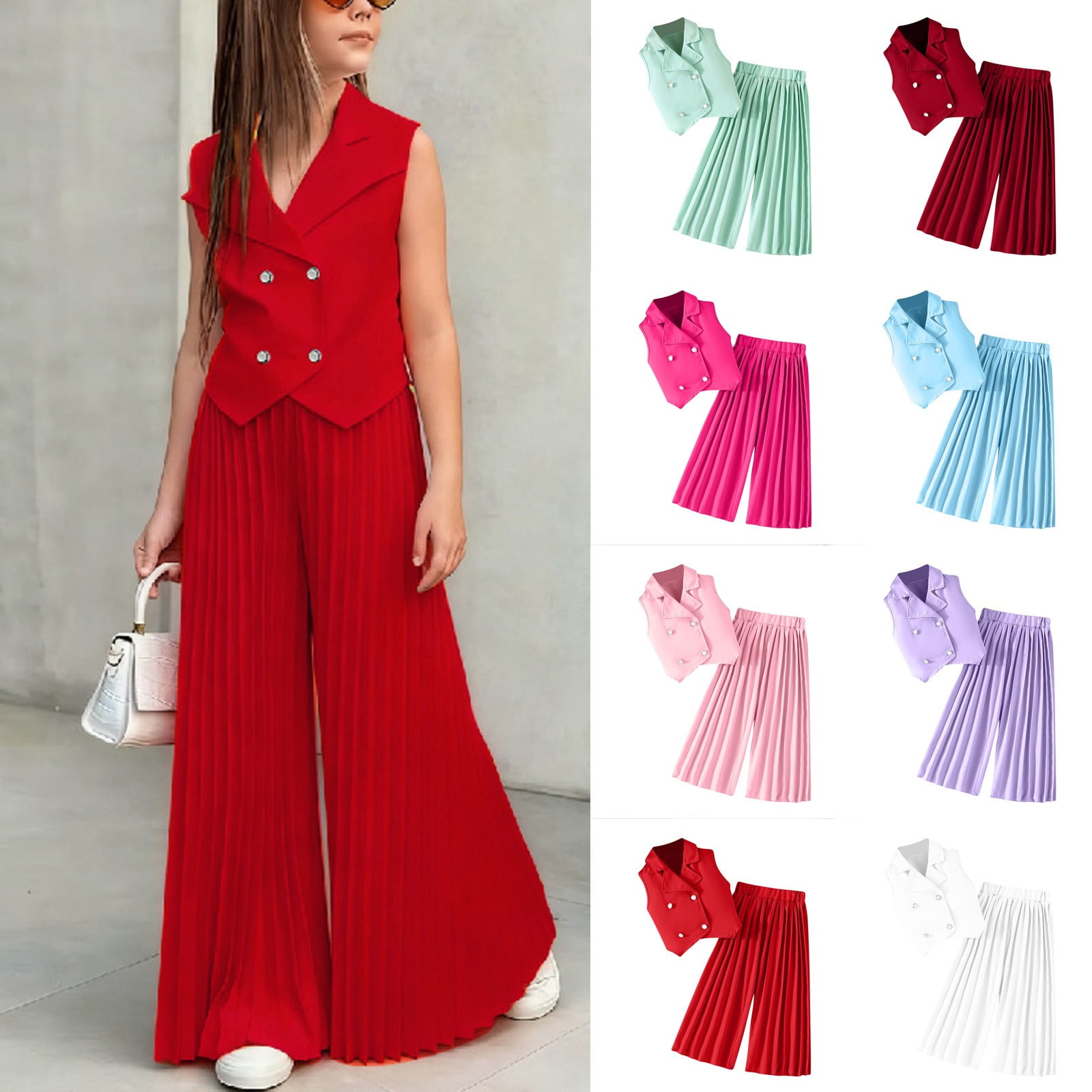 breaise Girl's Two Piece Outfits Button Down Vest Pleated Wide Leg ...