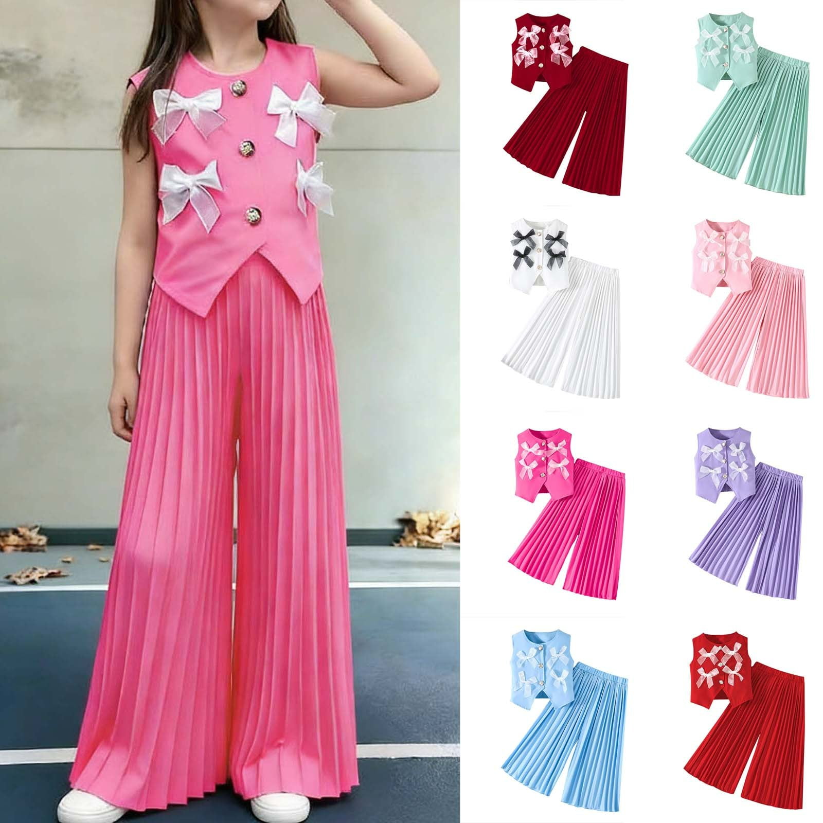 breaise Girls 2 Piece Outfits Trendy Bow Button Down Vest Pleated Wide ...