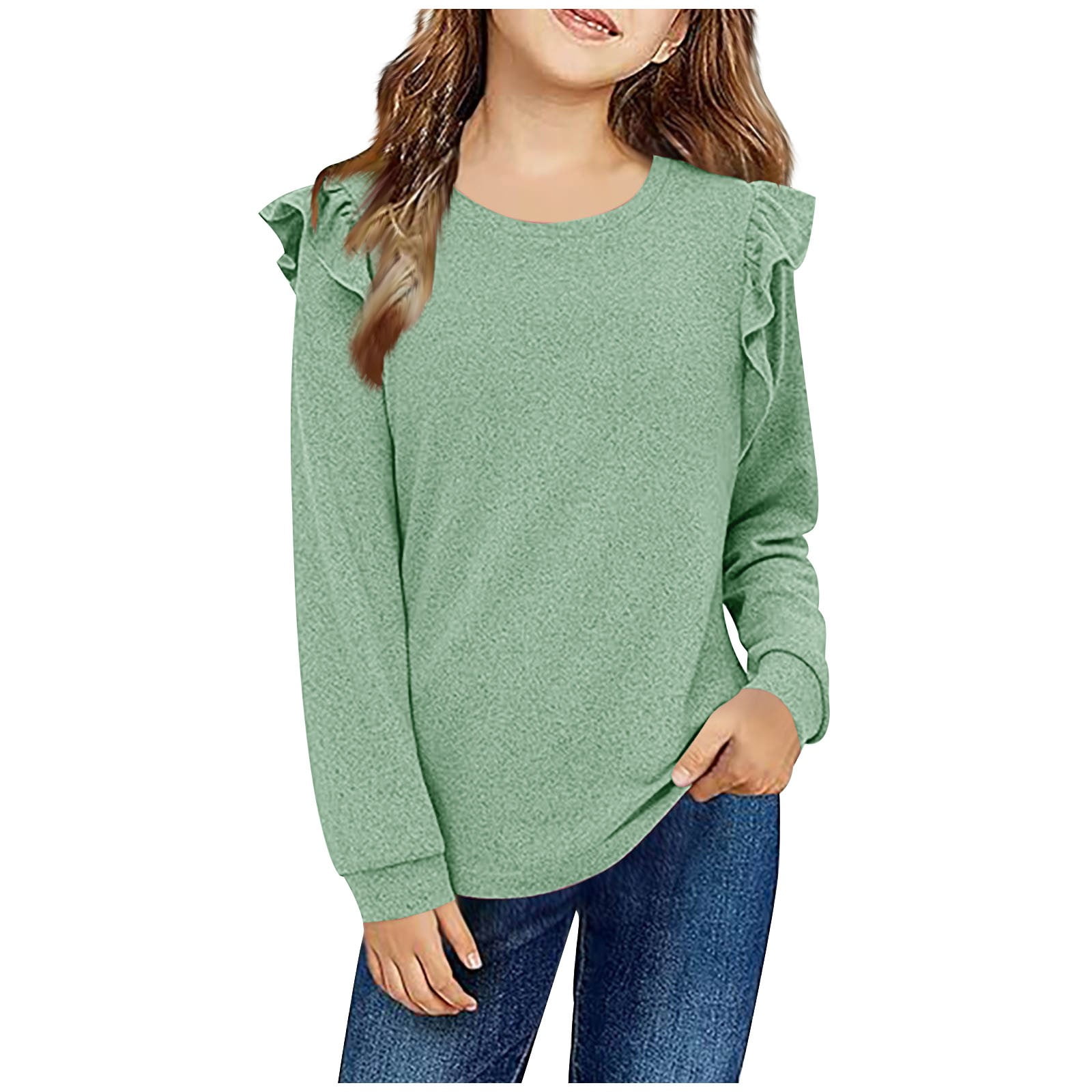 breaise Girls Long Sleeve Shirts Cute Ruffle Shoulder Crewneck ...