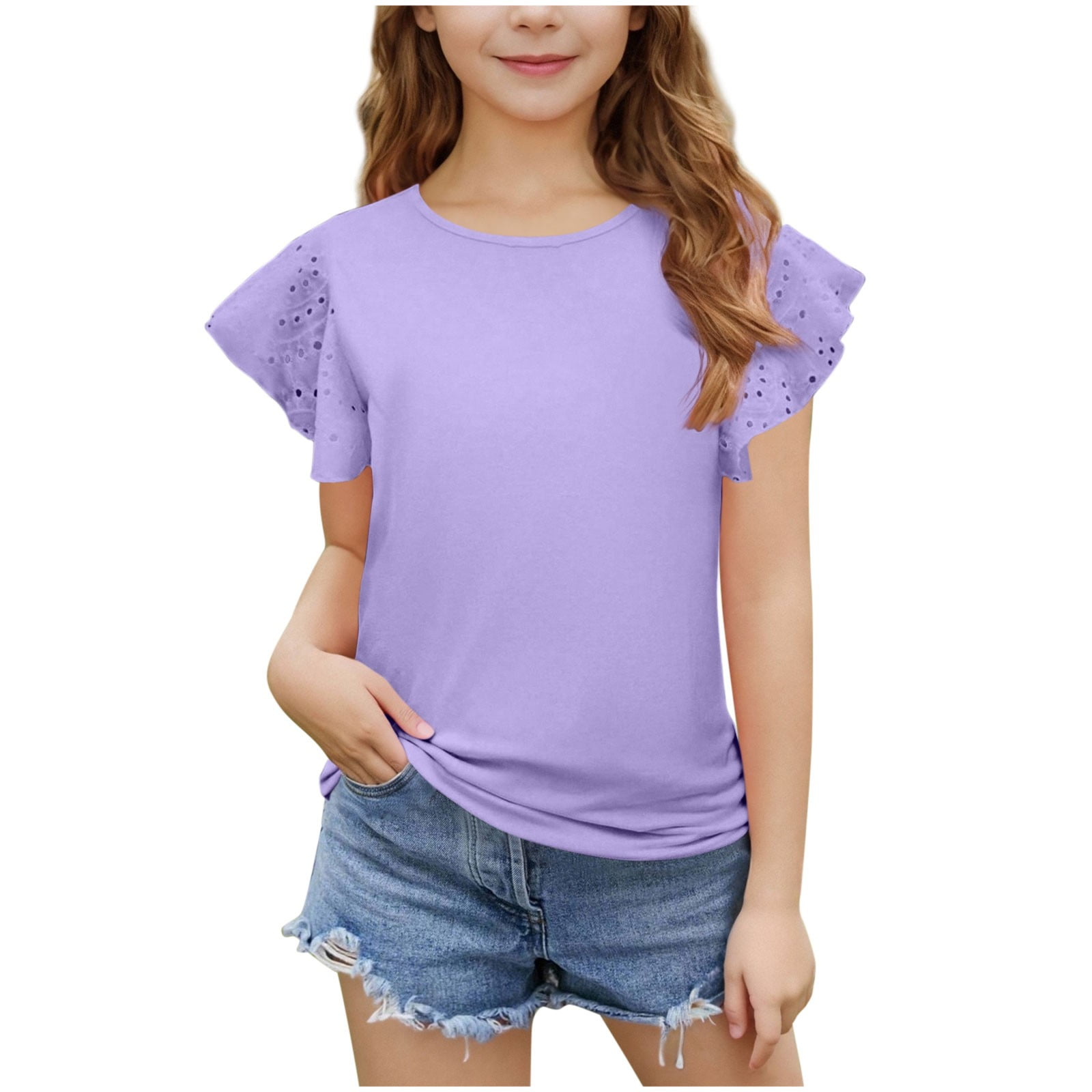 breaise Girls Ruffle Sleeve Shirts Summer Crewneck Eyelet Tee Tops ...