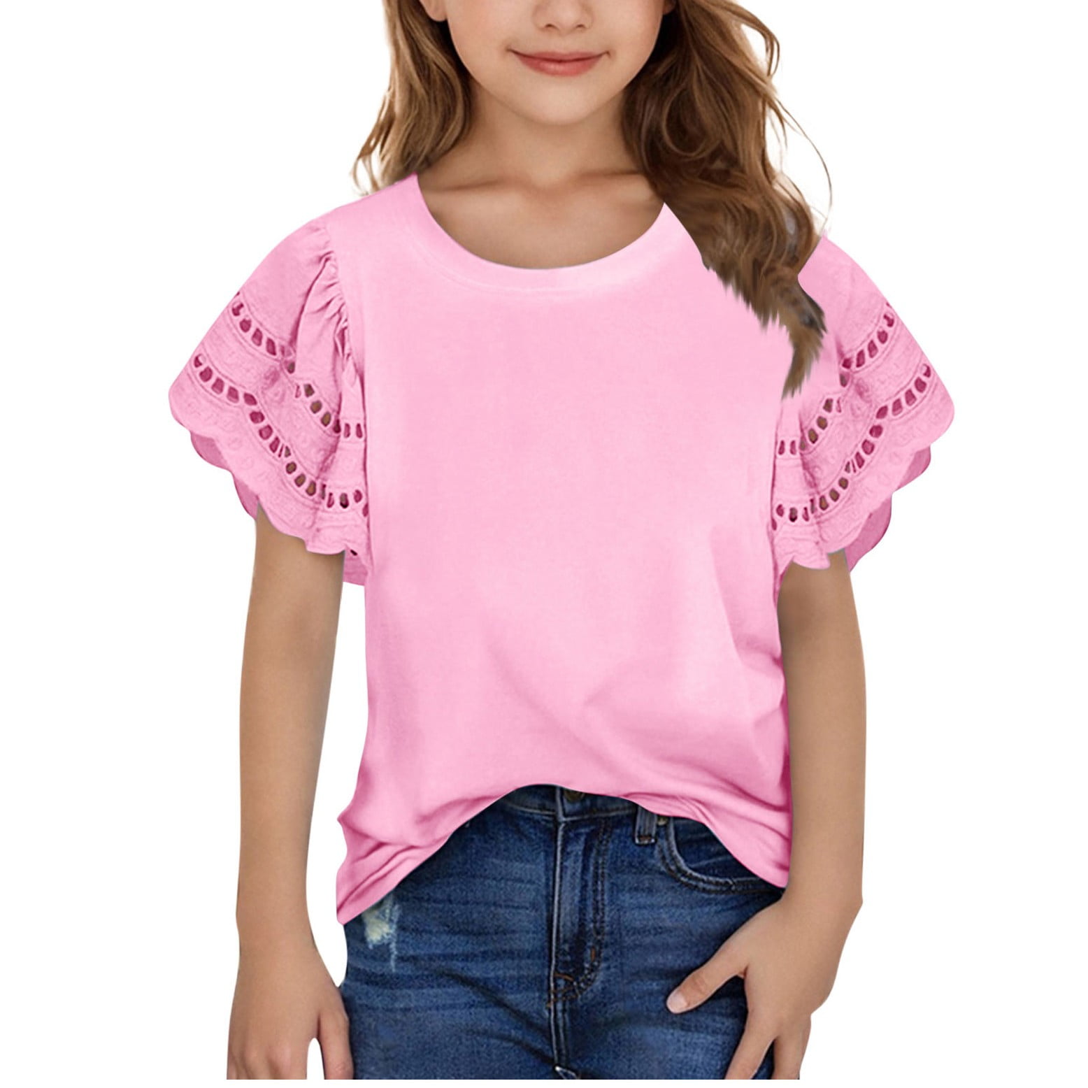 breaise Girls' Summer Shirts Cute Tops Ruffle Sleeve Crew Neck Casual ...
