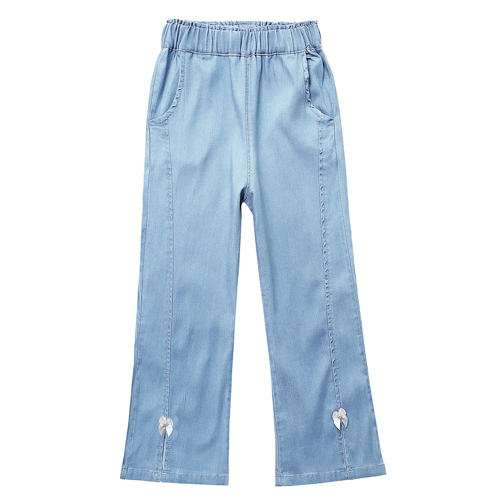 breaise Girls Thin Denim Pants Wide-Leg Ribbed Elastic Waistband Jeans ...