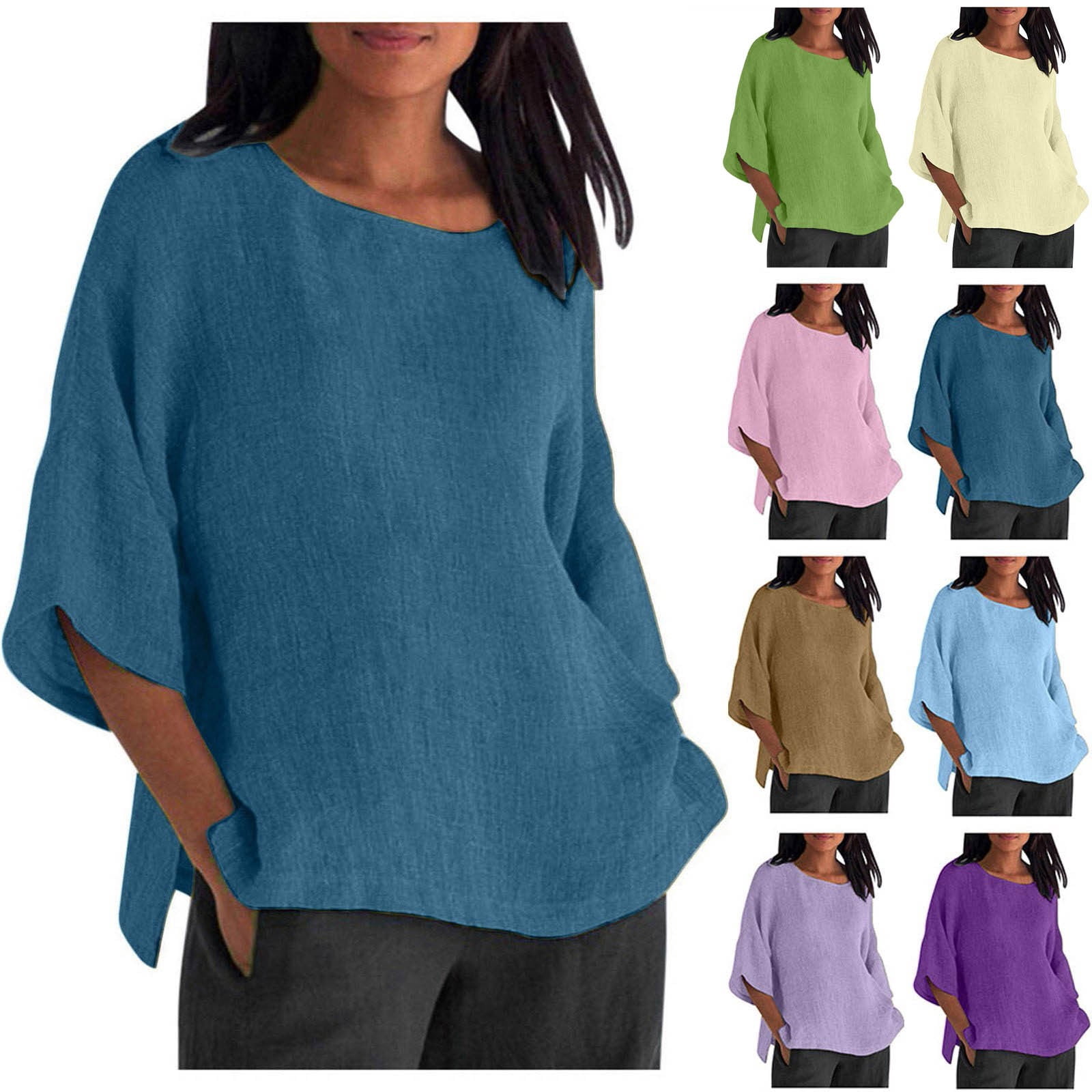 breaise Linen Shirts for Women 3/4 Sleeve Plus Size Tops Loose Fit Crew ...
