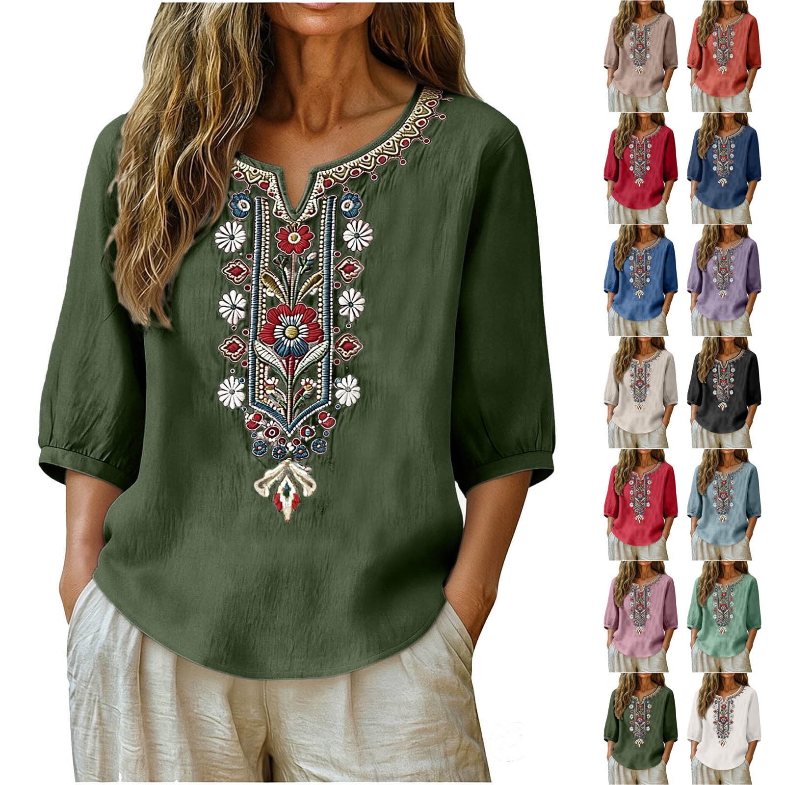 breaise Linen Tops for Women Embroidered 3/4 Sleeve Bohemian Shirts ...