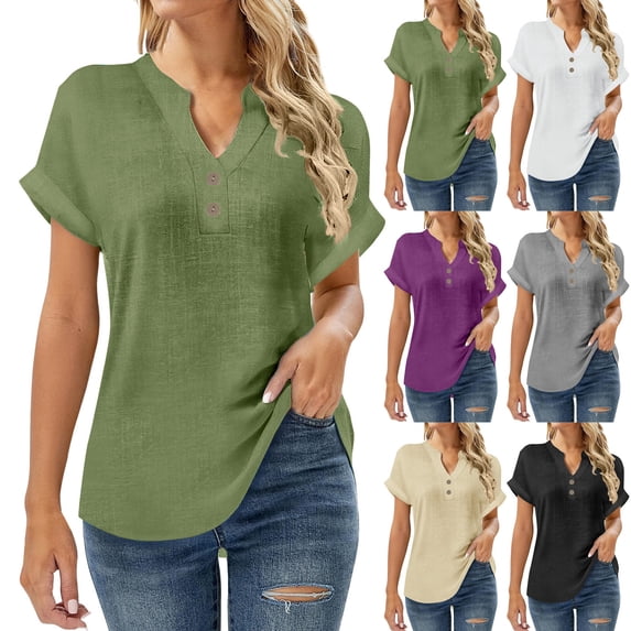 breaise Plus Size Linen Shirts for Women V Neck Button Down Blouse ...