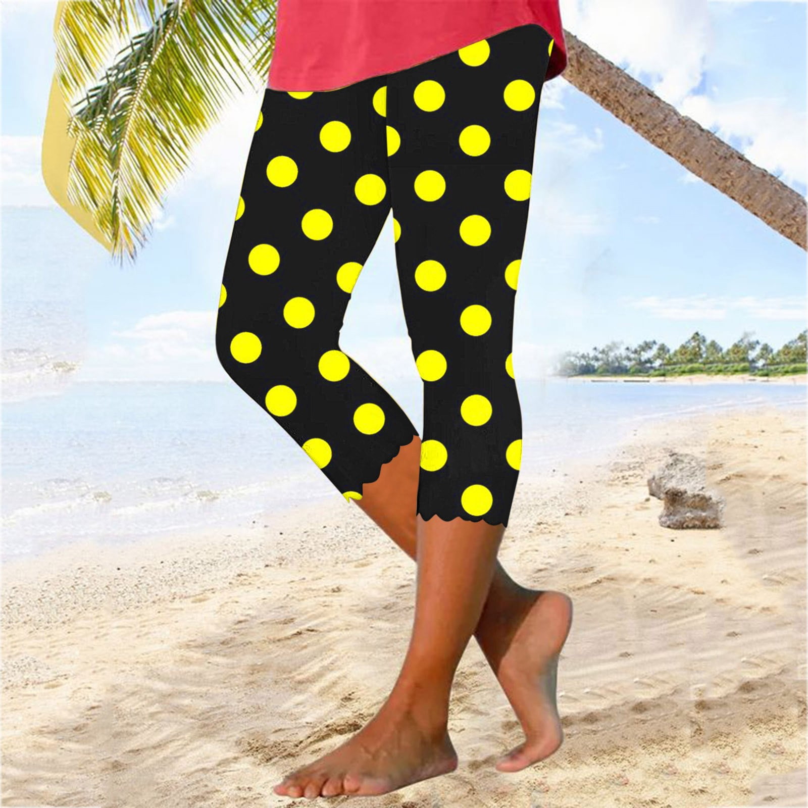 breaise Polka Dot Print Capri Leggings for Women Tummy Control Knee Length Yoga Pants High ...