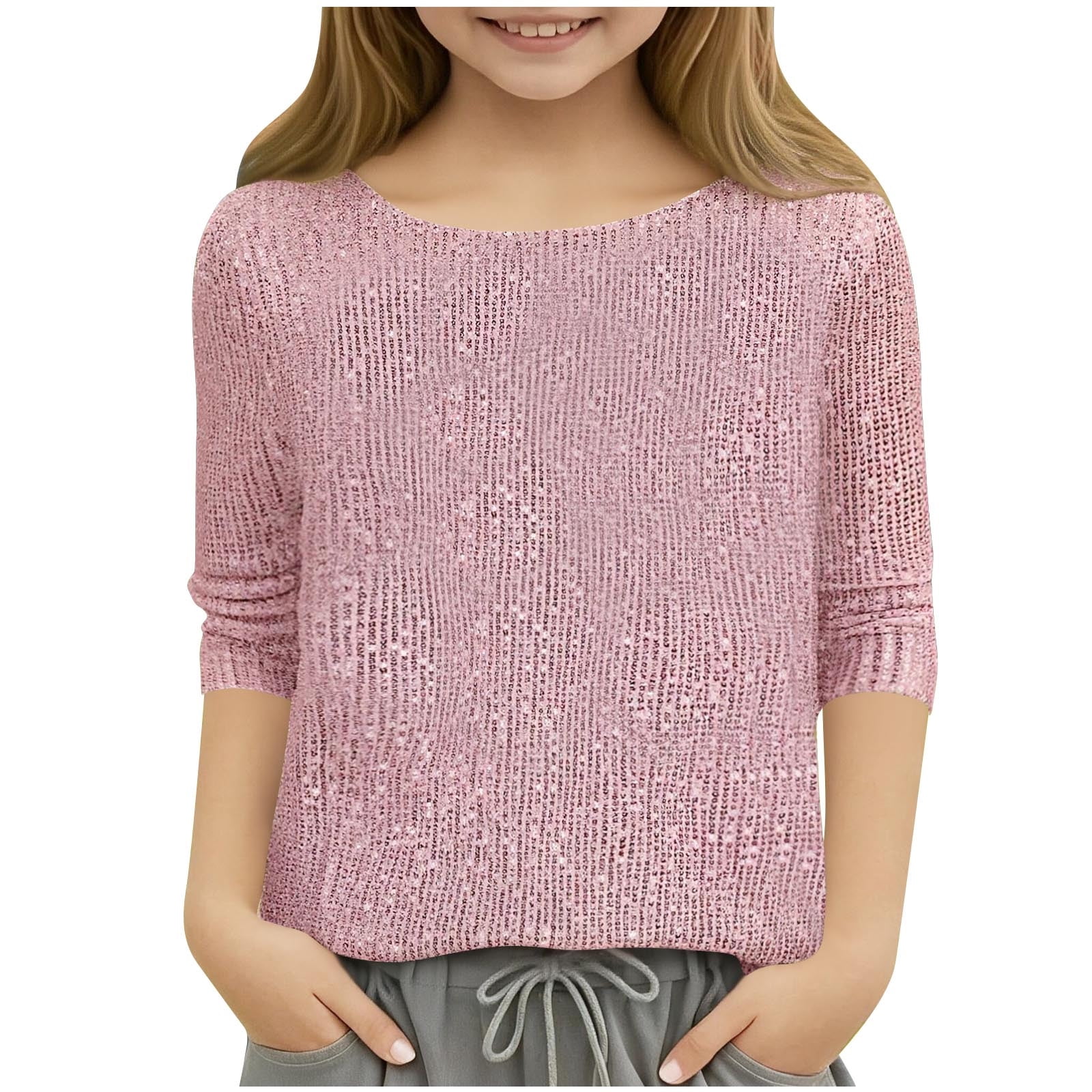 breaise Shirts for Teen Girls 3/4 Sleeve Sequin Tops Crewneck Casual ...