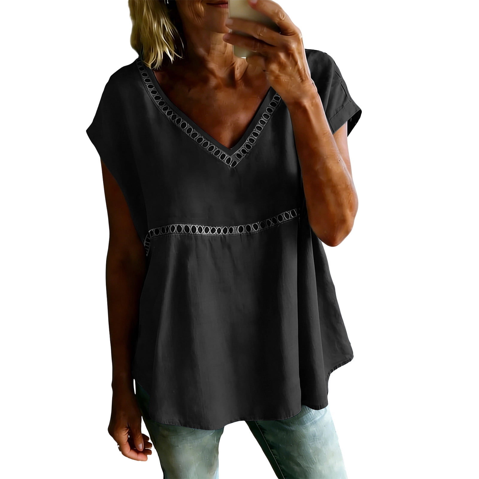 breaise Shirts for Women Cap Sleeve V Neck Tops Dressy Lace Gollow Out ...