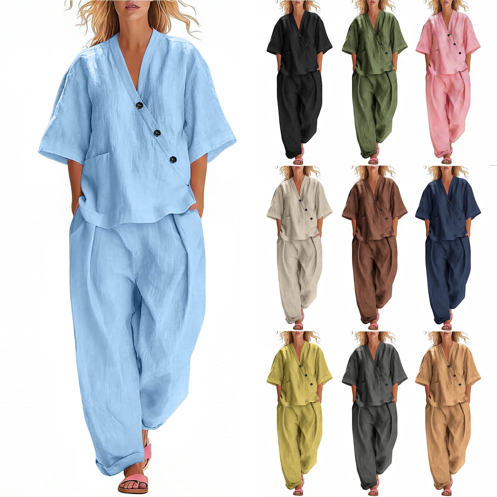 breaise Two Piece Linen Sets for Women Casual 3/4 Batwing Sleeve Tops ...