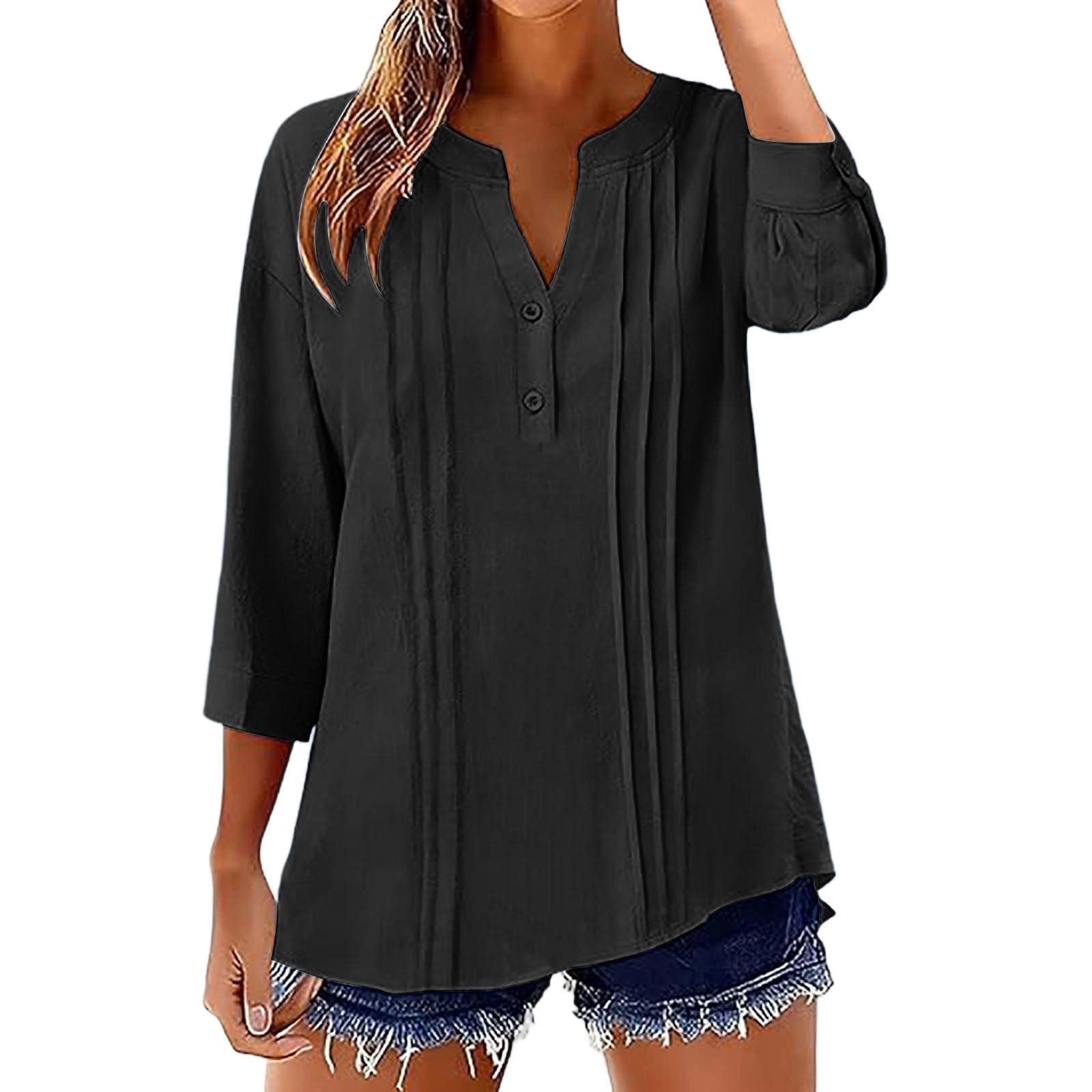 breaise Women Button 3/4 Sleeve T-Shirts Pleated Front V Neck Henley ...