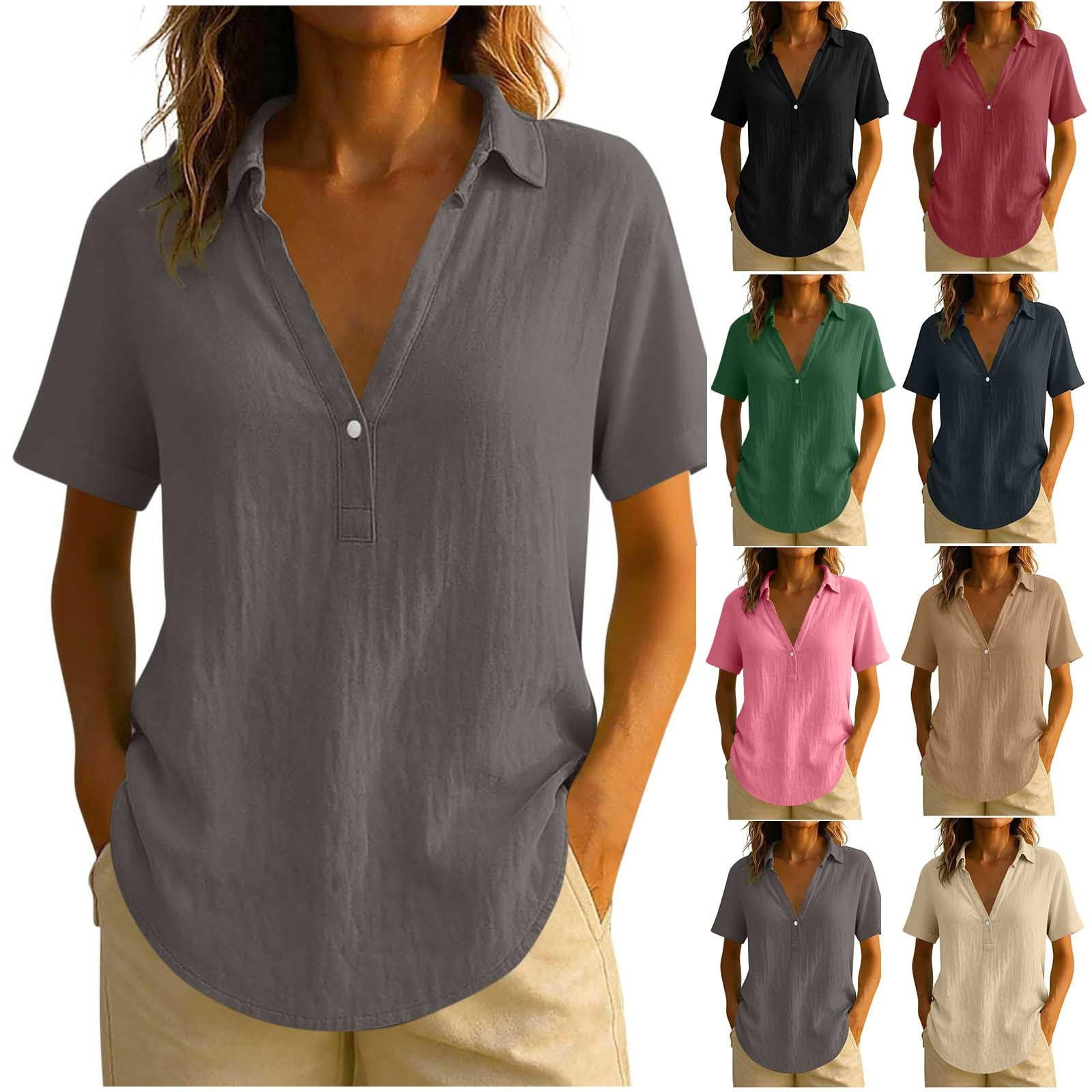 breaise Women's Linen Tops Summer Button V Neck Shirts Solid Short ...