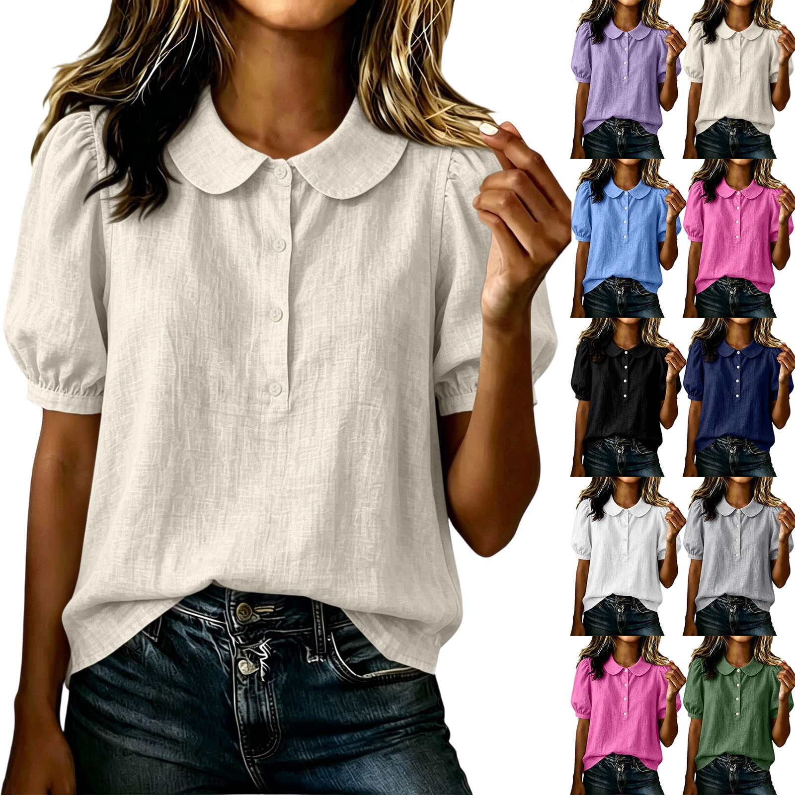 breaise Women's Summer Linen Shirts Short Puff Sleeve Peter Pan Collar ...