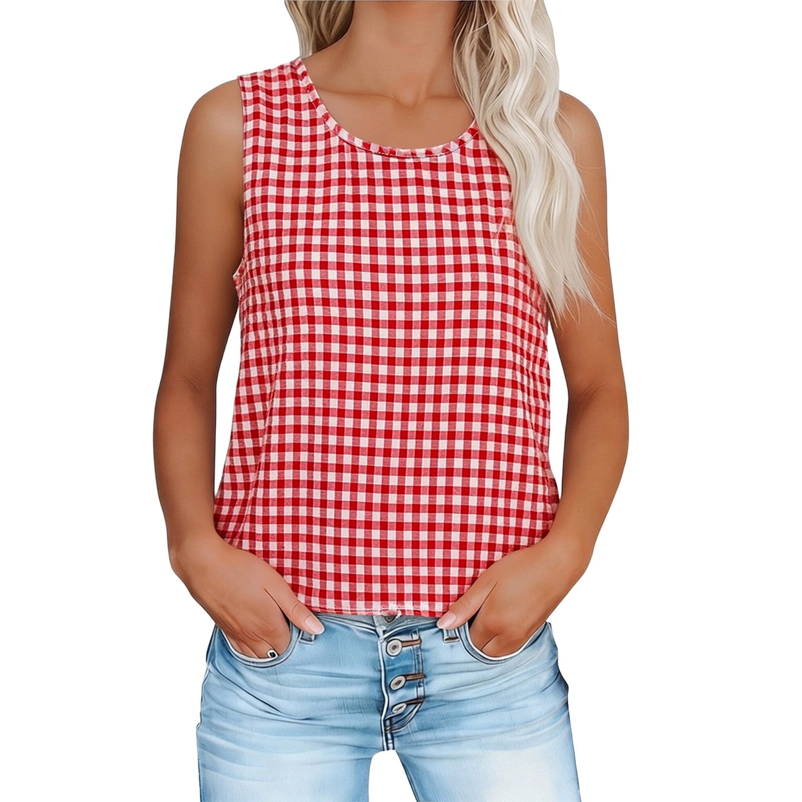 breaise Womens Plaid Tank Tops 2026 Summer Sleeveless Crew Neck Crop ...