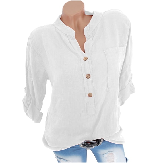breaise Womens Roll-up Short Sleeve Tops Plus Size Cotton Linen Button ...