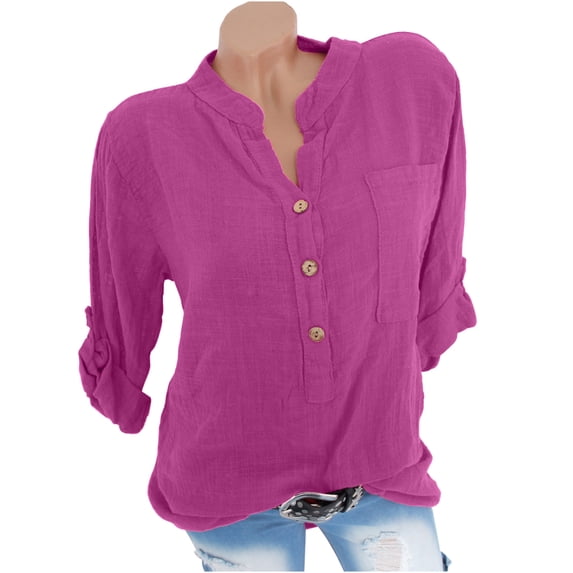 breaise Womens Roll-up Short Sleeve Tops Plus Size Cotton Linen Button ...