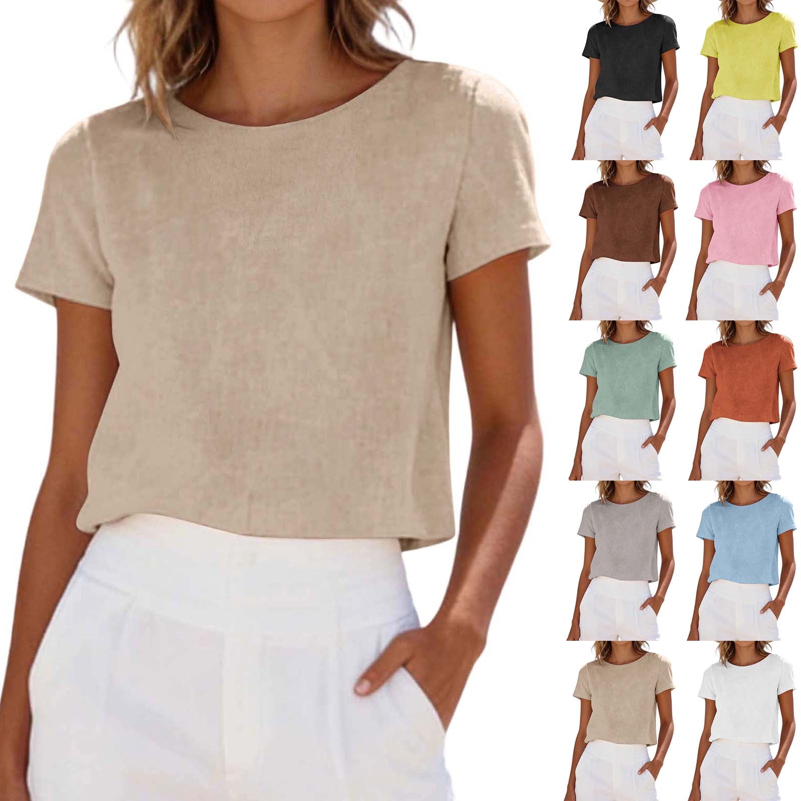 breaise Womens Short Sleeve Linen Shirts Casual Summer Crewneck Cute ...