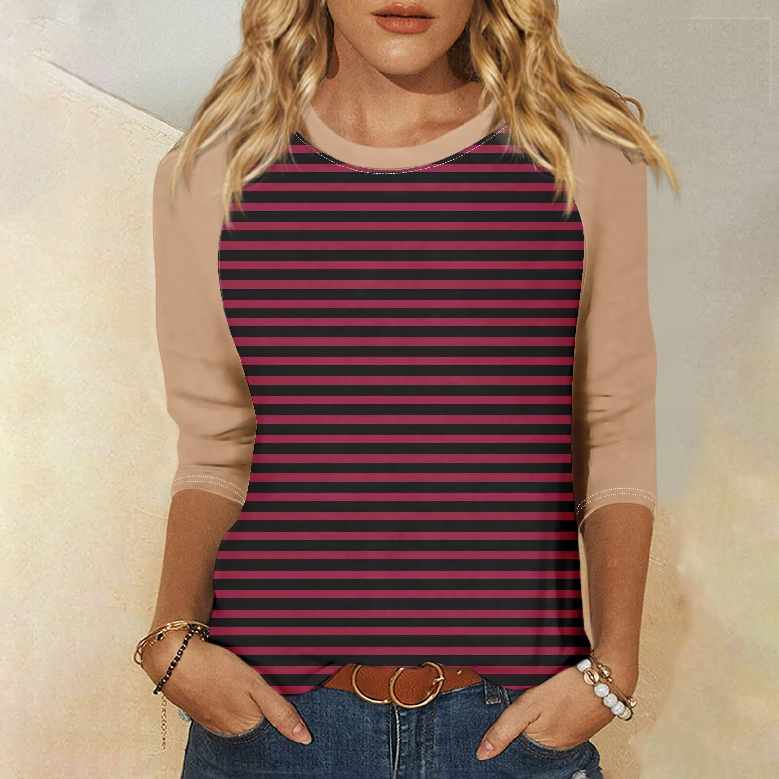 breaise Womens Tops Loose Fit 3/4 Sleeve Shirt Trendy Striped Color ...