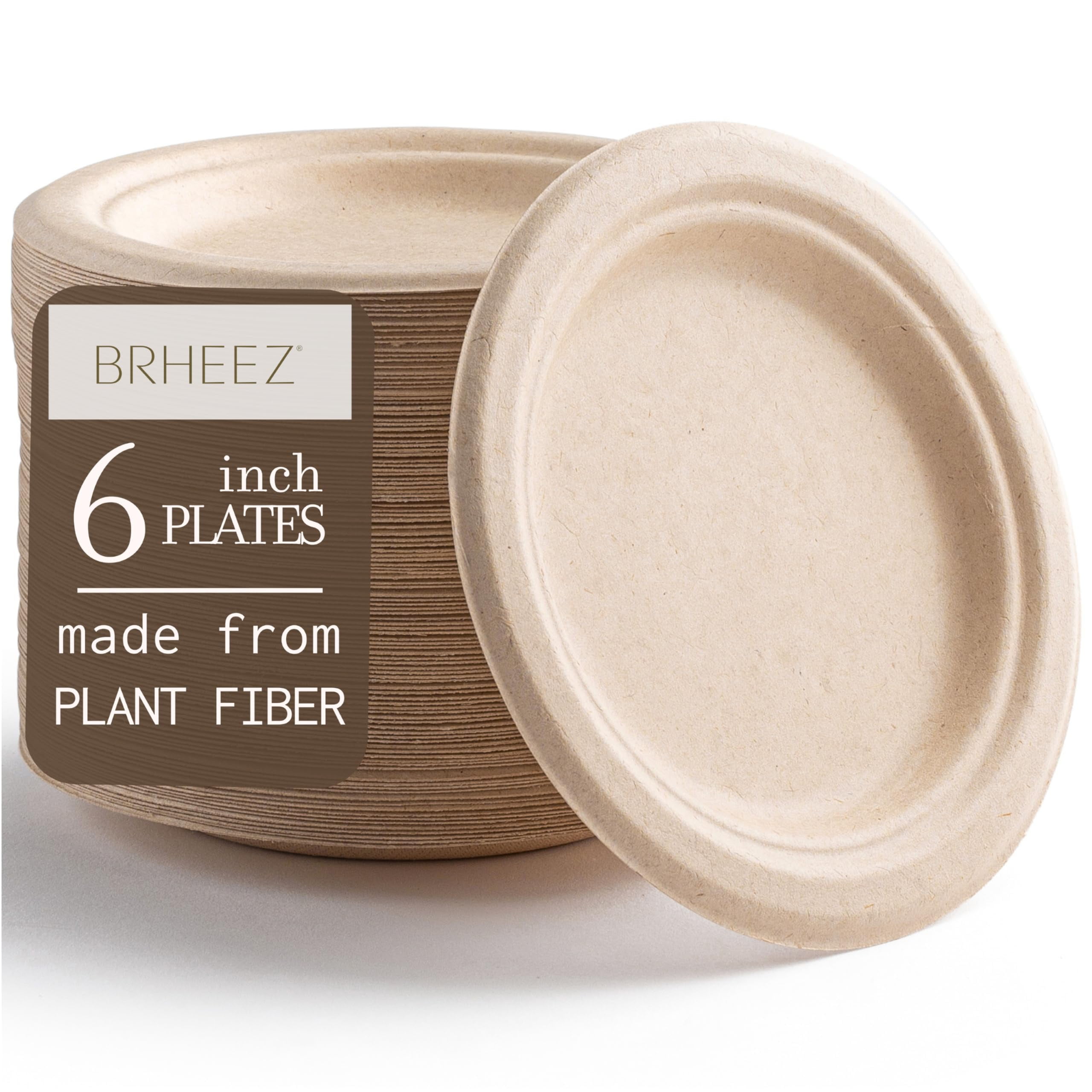 brheez 6 Inch Round Heavy Duty Natural H2FSDBagasse Fiber Disposable ...