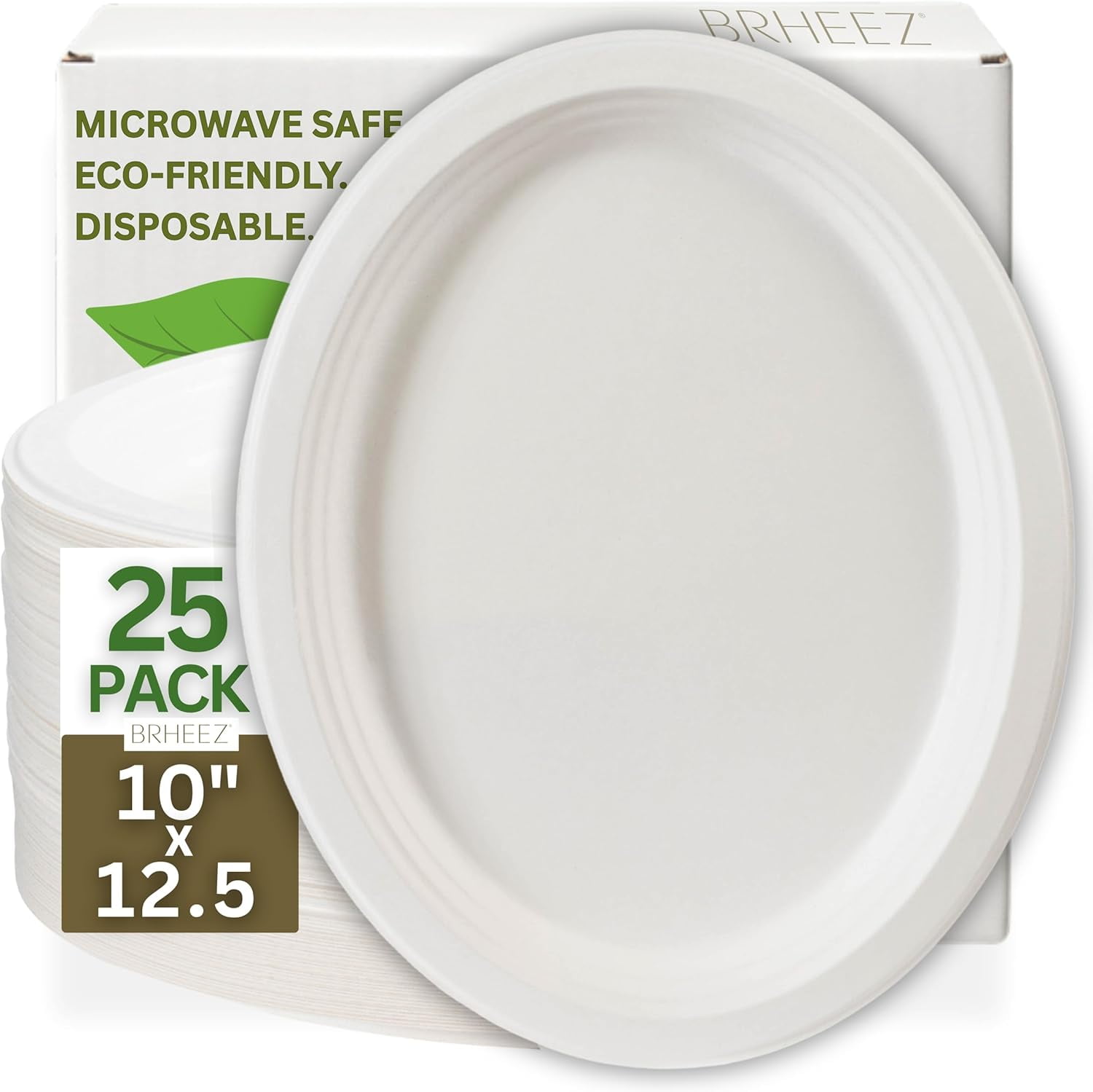 brheez Disposable Oval Dinner Plates (10"x12.5") Bagasse Natural ...