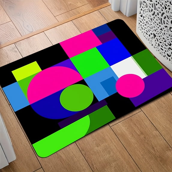 A brightly colored geometric patterned floor mat made of highly ...