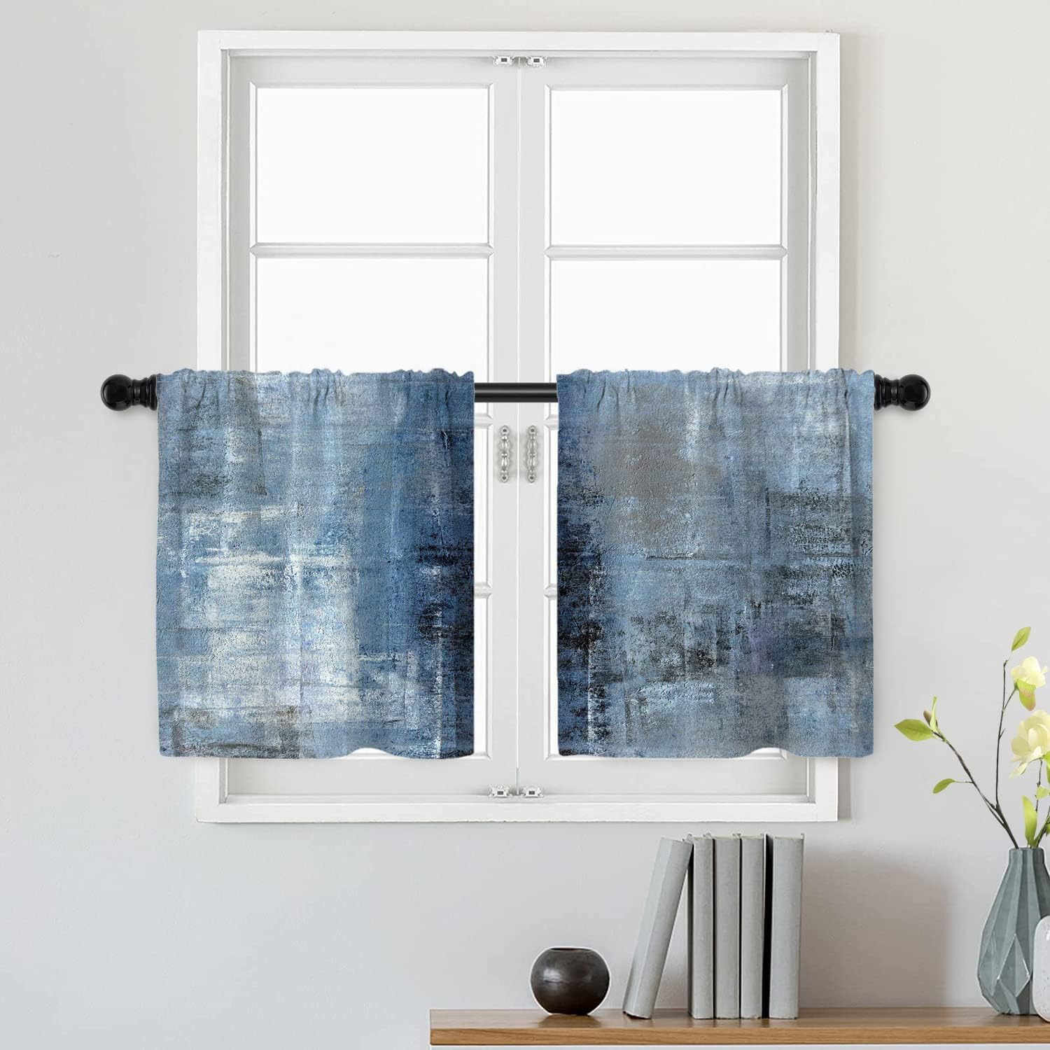 bufiio Blue Abstract Grey Tier Curtains, Grey Art Art Window Treatment ...